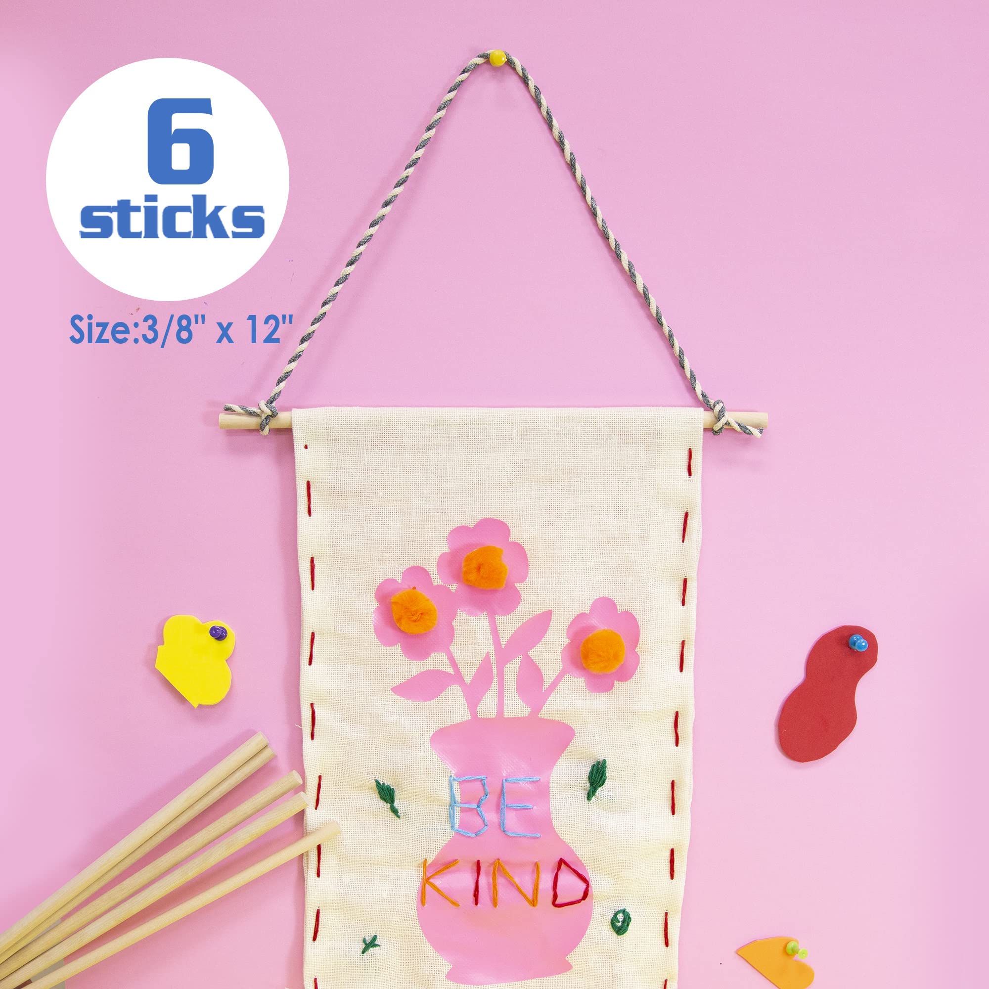 BAZIC Wooden Dowel Rods Wood Sticks, 3/8" x 12" Round Natural Color Hardwood Stick, Unfinished Wood for Crafts Lollipops Cake Support (6/Pack), 1-Pack