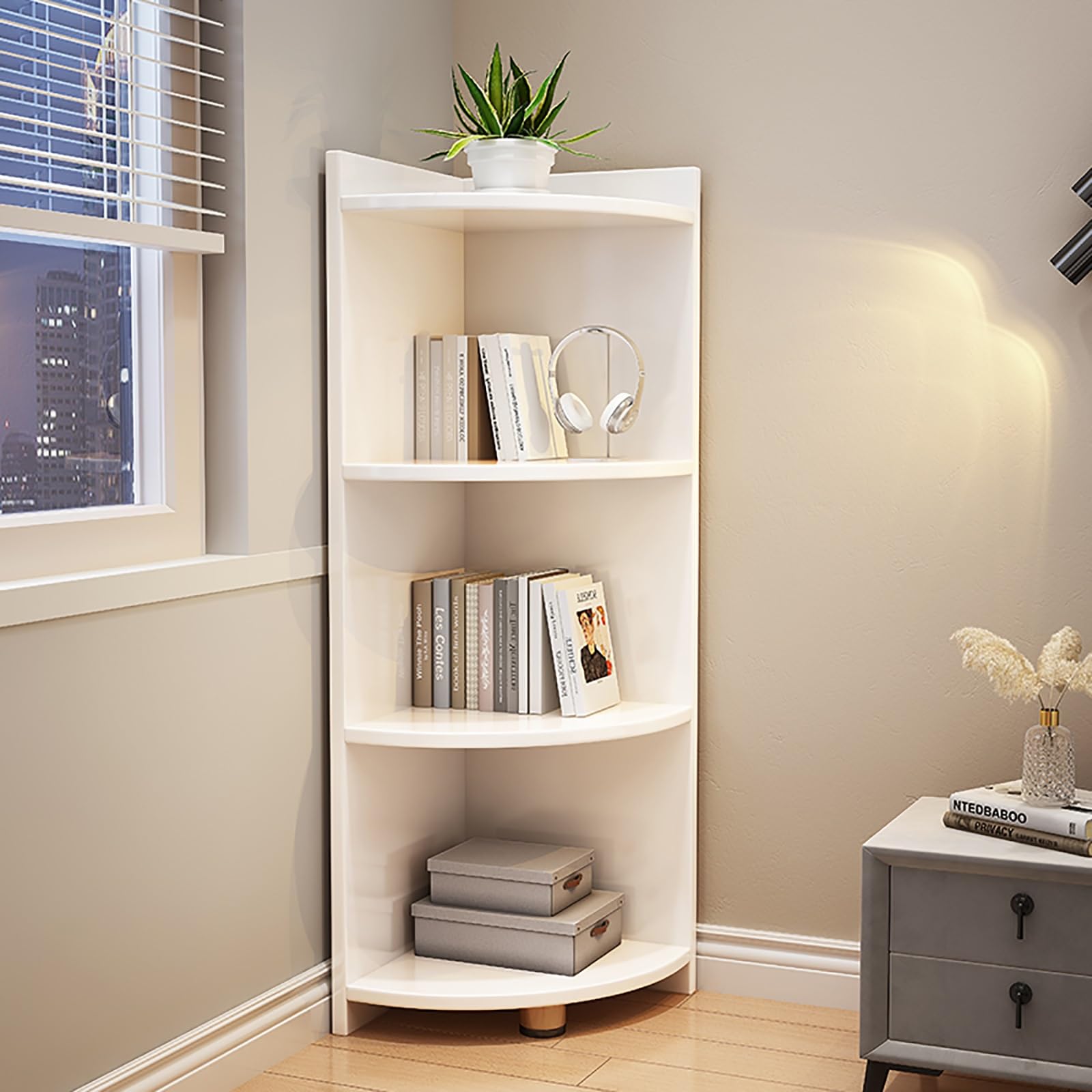 Curved Corner Storage Shelf, 4/5 Tier Wood Corner Bookshelf, Tall Freestanding Bookcase, Small Corner Shelf Counter Organizer Rack, Corner Table for Countertop Bathroom (Color : White, Size : 3 tier