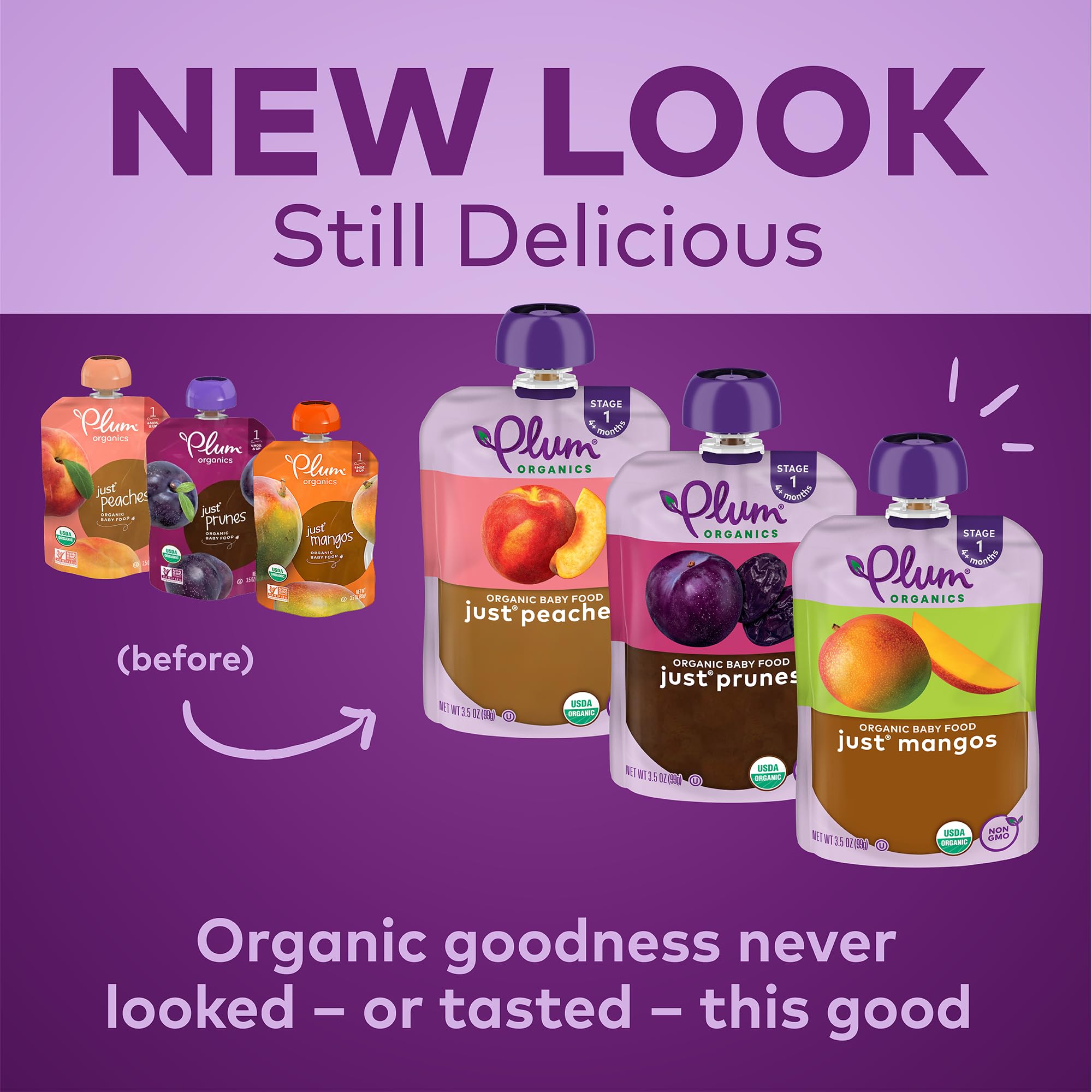 Plum Organics Stage 1 Organic Baby Food - Just Mangos, Just Prunes, and Just Peaches Variety Pack - 3.5 oz Pouch (Pack of 18)