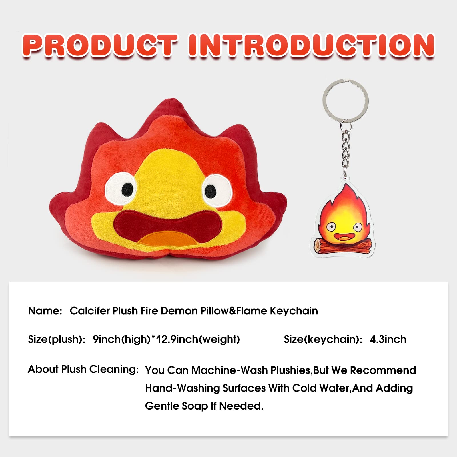 Birsppy Amishify 12.9 inch Calcifer Plush Fire Demon Pillow (complimentary Calcifer Keychain)
