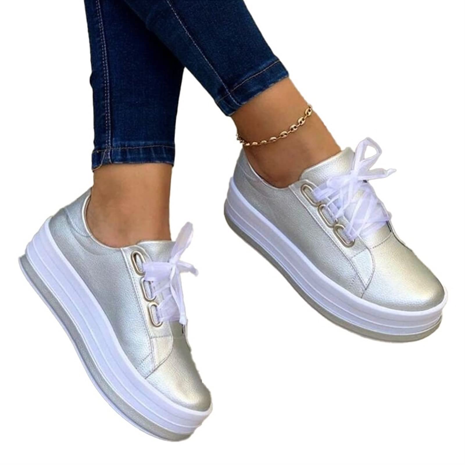 BAULY Women's Round Toe Wedges Sneakers Fashion Classic Low Cut Lace Up Platform Walking Dress Shoes Summer Lightweight Breathable Orthotic Flat Loafers Sporty (Color : Silver, Size : 7.5 US)