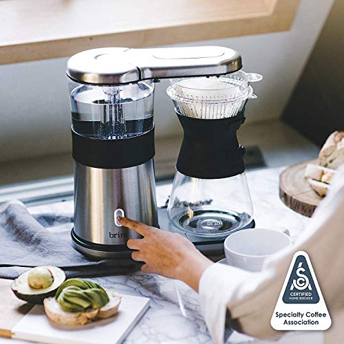 brim 8 Cup Pour Over Coffee Maker Kit, Simply Make Rich, Full-Bodied Coffee Every Time, Set Includes Glass Carafe, SCA Measuring Scoop, Silicone Sleeve, and Healthy-Eco Reusable Filter, Stainless Steel