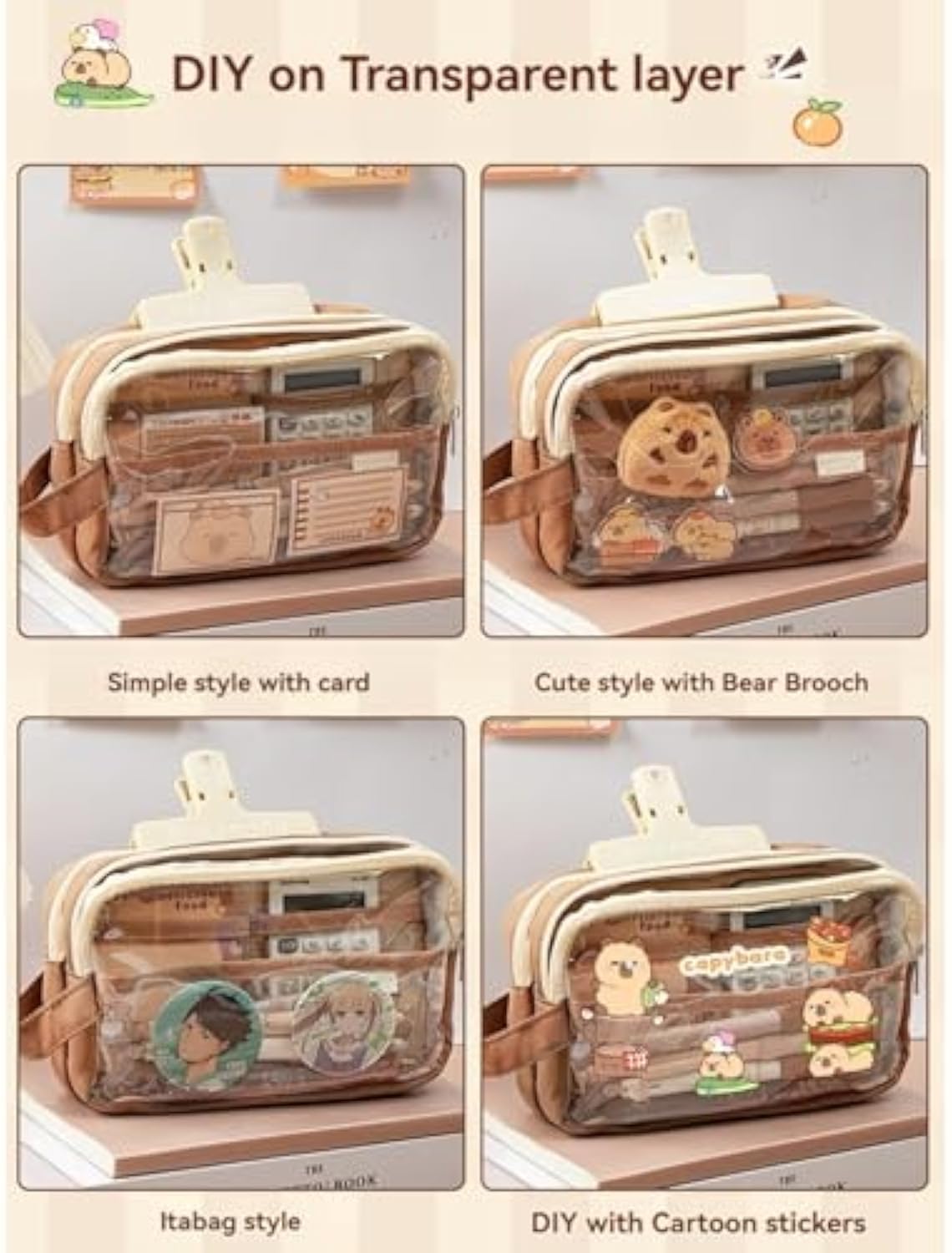 Capybara Pencil Case, Cute Msfym Pencil Pouch Lock Aesthetic Capybara, Kawaii Clear Capybara School Supplies with Compartments, Comes with Brooch, Stickers, Pendant, And Memo Pad (Brown)