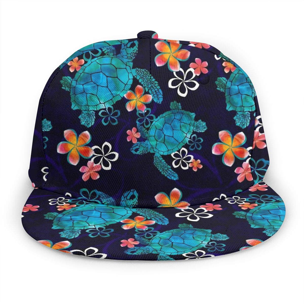 antkondnm Sea Turtle with Flowers Snapback Hat Unisex Trucker Hat Hip Hop Plaid Flat Bill Brim Adjustable Baseball Cap