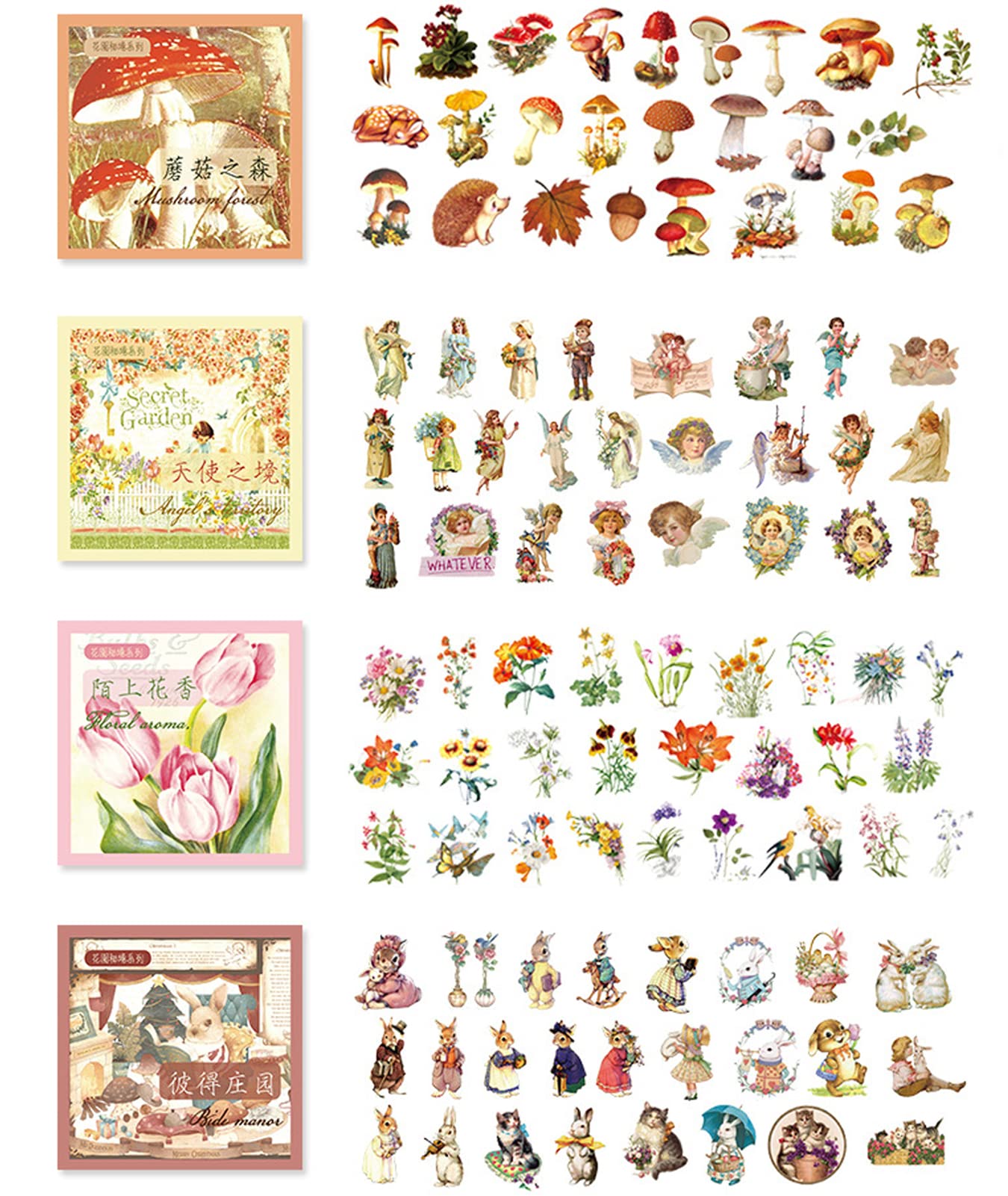 Cute Scrapbook Stickers Pack(300 Pieces)Butterfly Mushroom Flower Angel Peter Rabbit Small Size Decal Seals Set for Planner,Bullet Journaling,Junk Journal,Retro Crafts,Decoupage Stationary Supplies(Secret Garden)