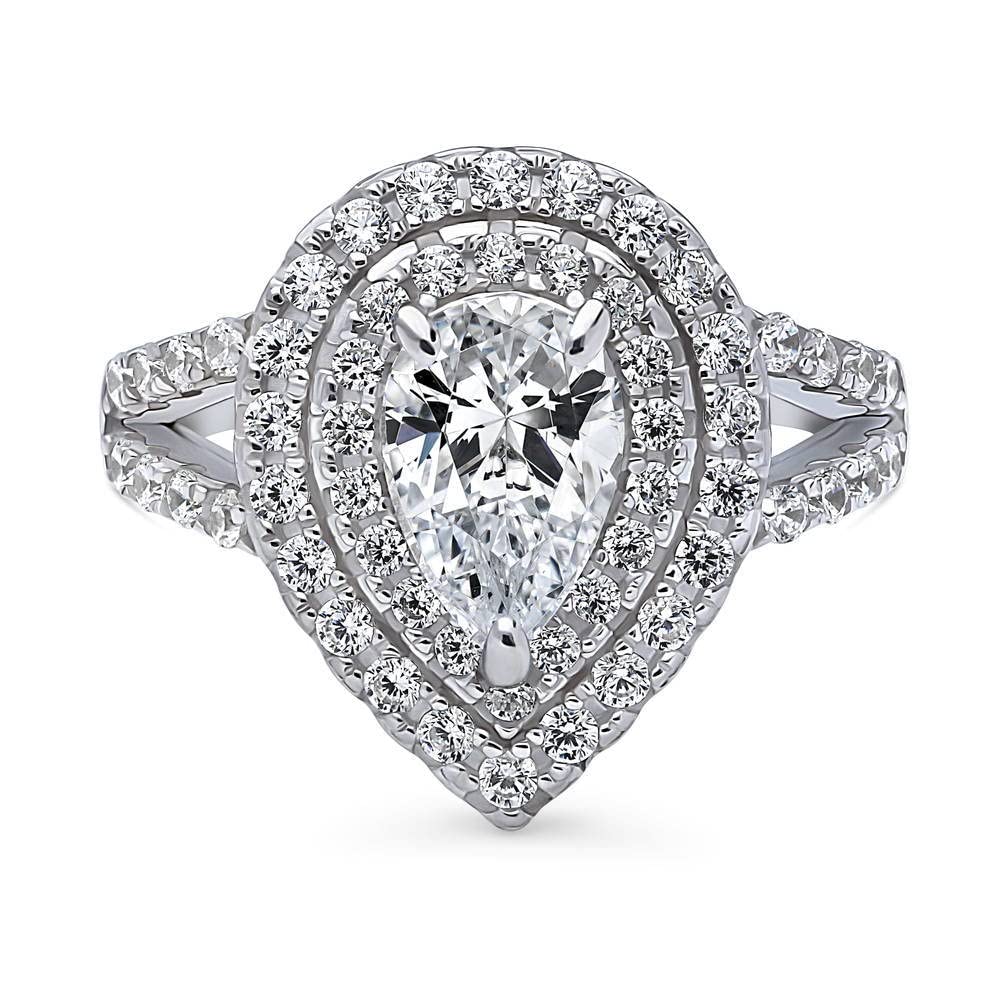 BERRICLE Sterling Silver Halo Wedding Engagement Rings Pear Cut Cubic Zirconia CZ Statement Cocktail Split Shank Ring for Women, Rhodium Plated Size 5