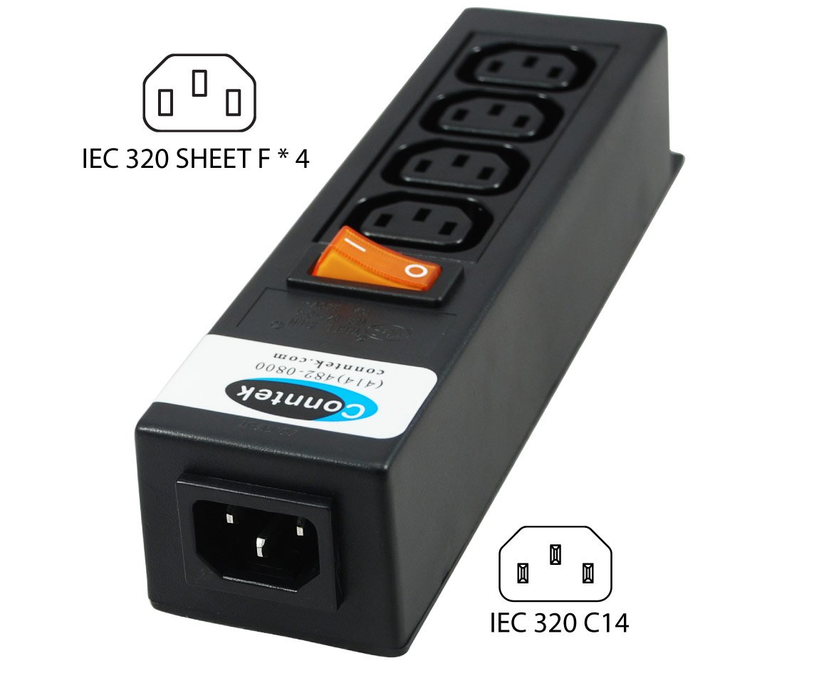 Conntek 55705 Power Strip 250 Volt 7-1/2-Inch Housing IEC C14 Inlet to 4 IEC 60320 C13 Receptacles Sheet F Computer/Server