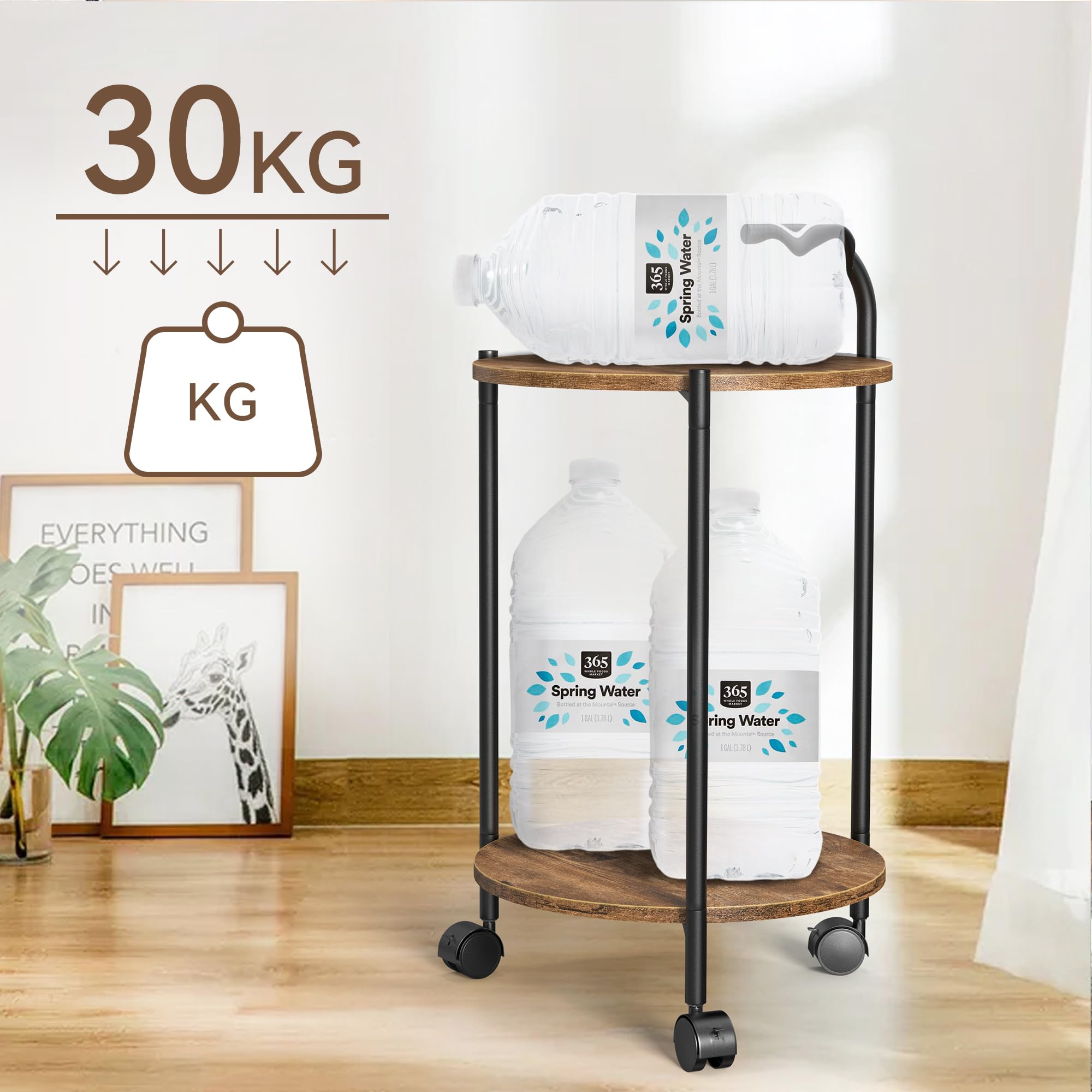 Bavelye 2-Tier Round Side Table, Modern Wooden Small Sofa Coffee End Tables Indoor Outdoor with Lockable Wheels Portable Bedside Table for Living Room, Kitchen,Dark Brown.