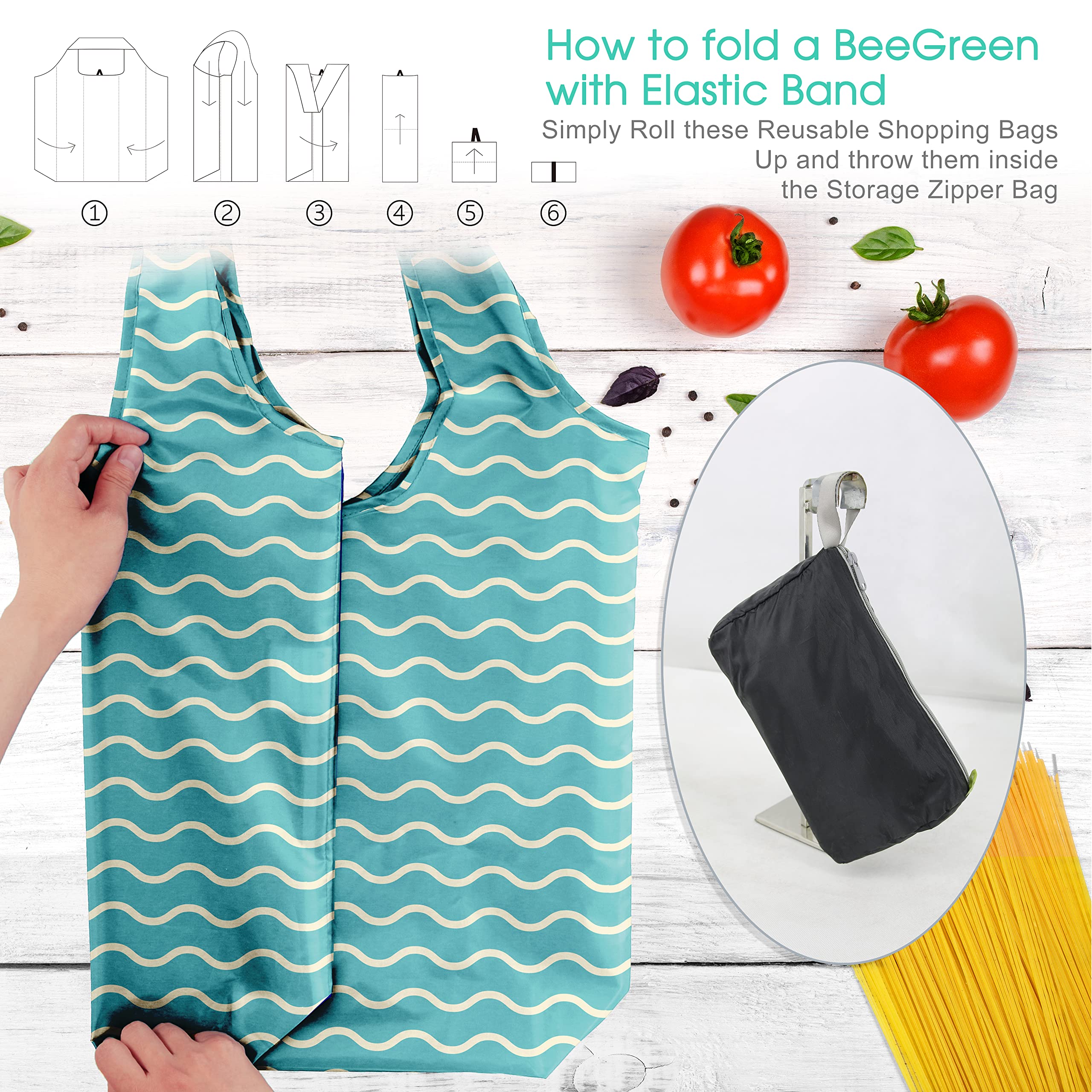BeeGreen 12 Pack Reusable Shopping Bags with Storage Pouch & Elastic Band Geometric Reusable Grocery Bags Bulk 50LBS X-Large Foldable Machine Washable Heavy Duty Eco Tote Bags Recyling Bags w Handle