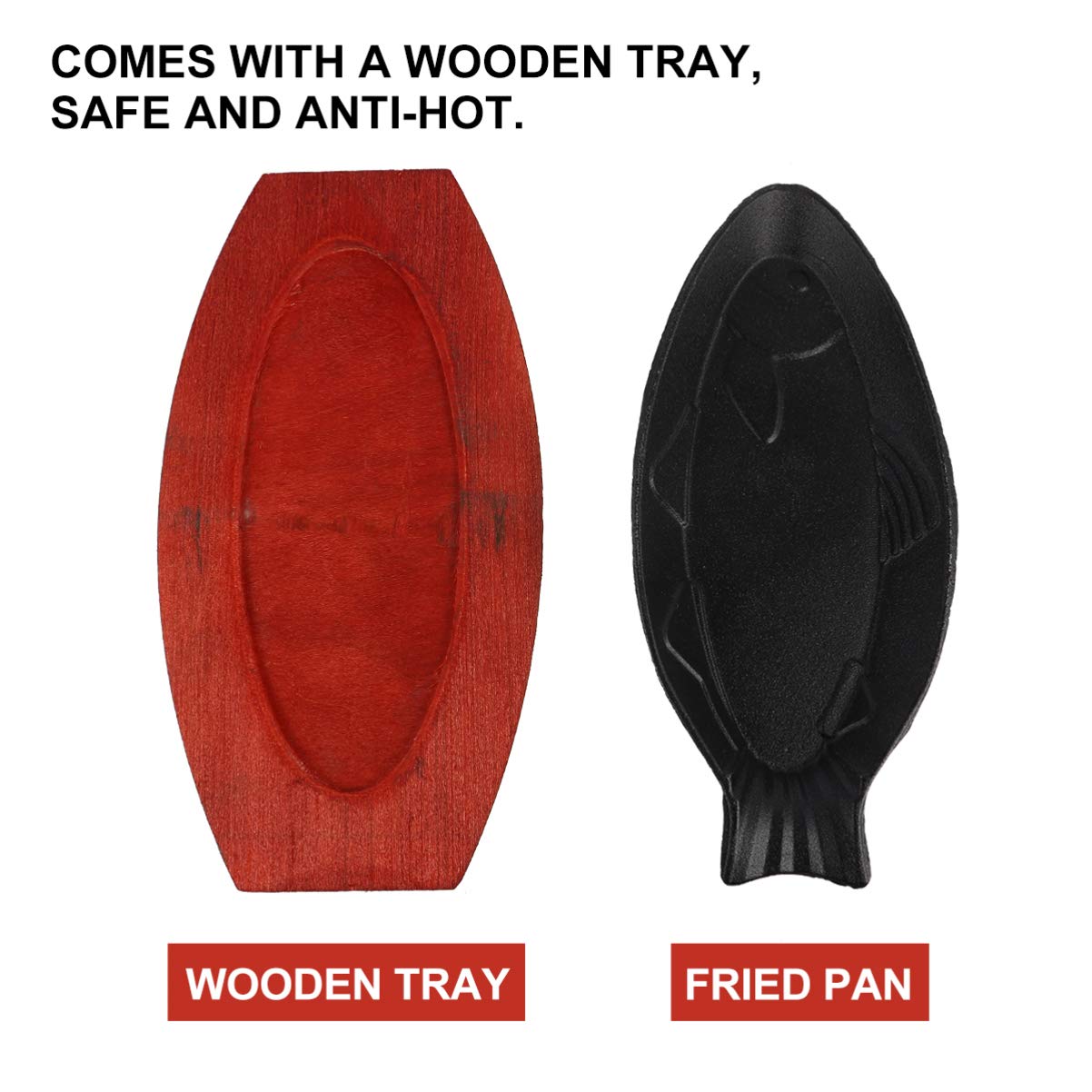 DOITOOL Small Cast Iron Skillet with Wooden Base, Creative Fish-Shaped Japanese Steak Plate Set for Restaurant Home Kitchen Cooking Pan Grilling Meats Seafood