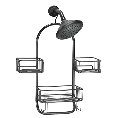 mDesign Modern Metal Wire Bathroom Tub & Shower Caddy, Hanging Storage Organizer Center - 2 Wash Cloth/Razor Hooks, 3 Baskets - for Bathroom Shower Stalls, Bathtubs, Rust Resistant Steel - Matte Black