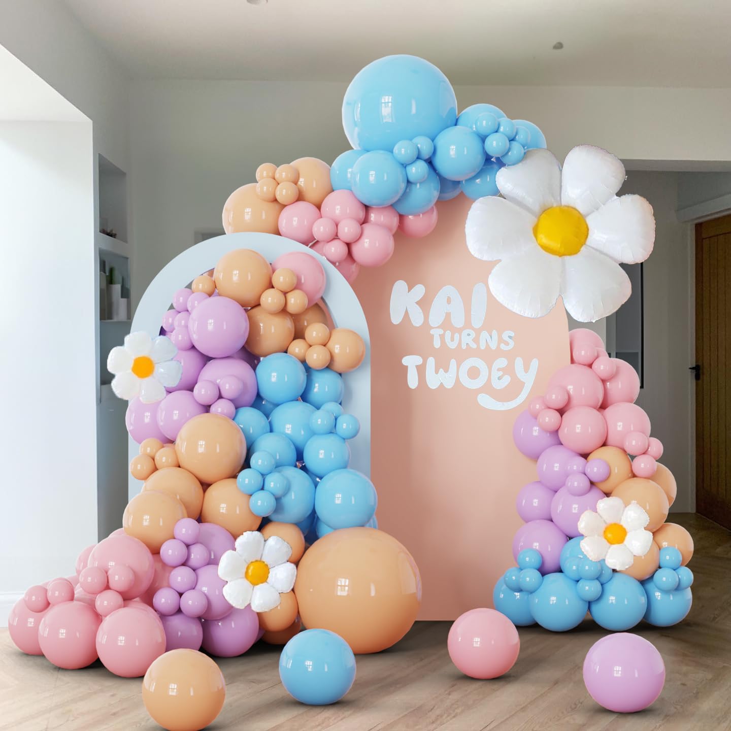 BlissBash 119Pcs Blue Peach Balloon Garland Arch Kit with Pastel Purple, Pink, Daisy Flower Balloons, Perfect for Girls' Birthday Decorations, Puppy-Themed Party Supplies, Dog Party