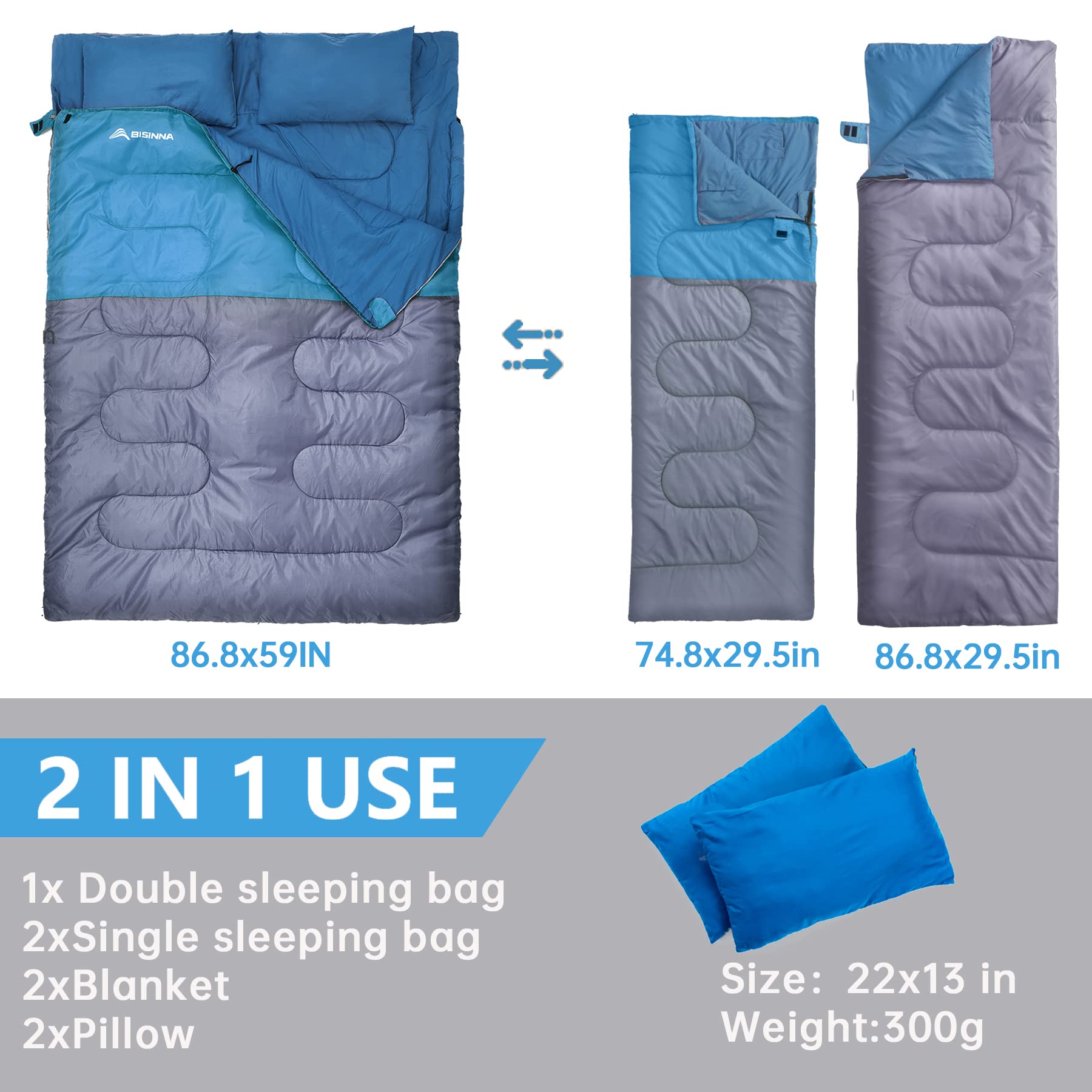 BISINNA Double Sleeping Bag for Adults & Kids 2 Person Sleeping Bag with 2 Pilows for Backpacking Camping Hiking Queen Size XL Waterproof Cold Weather Warm - 4 Seasons…
