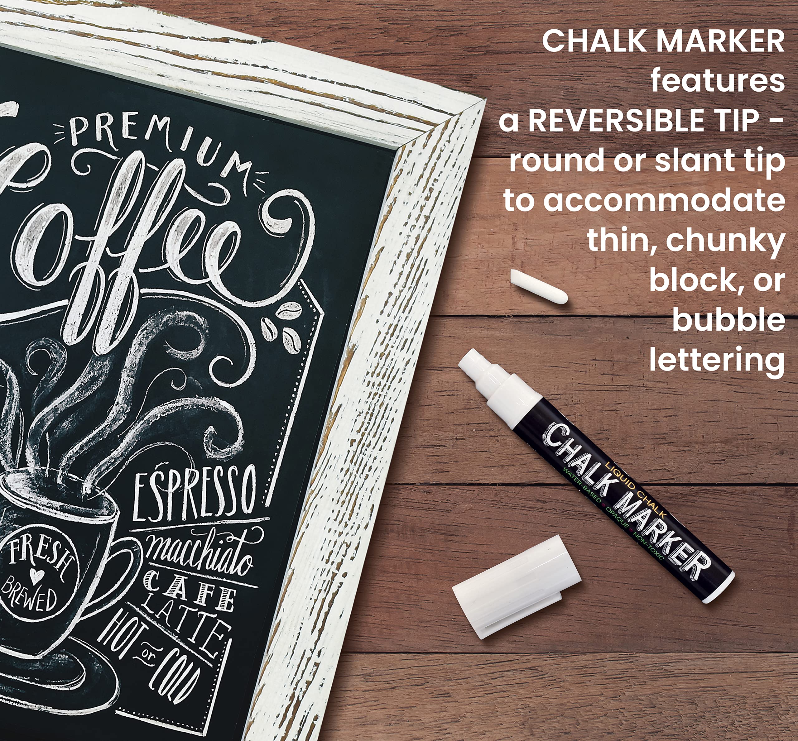 Better Office Products Framed Tabletop Chalkboard Sign, 9.5" x 14", Rustic Wood Frame, Small Magnetic Chalkboard with Built-in Ledge and Folding Stand, One White Chalk Marker Included,(Whitewash)