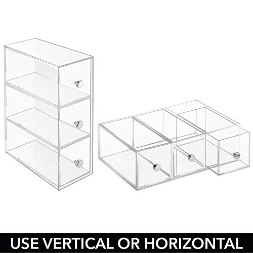 mDesign Plastic Kitchen Pantry Stackable Storage Organizer Container Station with 3 Drawers for Cabinet, Countertop, Holds Coffee, Tea, Sugar Packets, Creamers - Lumiere Collection - Clear