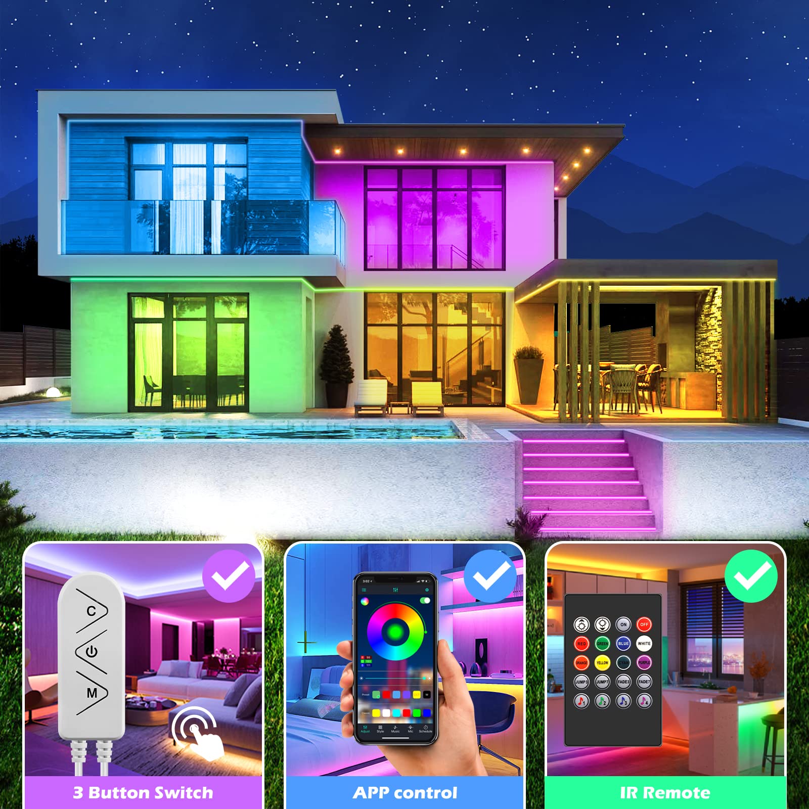 Aulimhti 100ft Led Strip Lights,Bluetooth APP Control Music Sync LED Lights for Bedroom,Led Lights with Remote,5050 RGB Color Changing Lights for Room Party (70FT)
