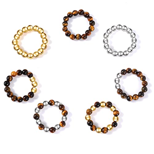 BIVEI 7 Pcs Crystal Knuckle Rings for Women－Girls Stackable Elastic Rope Beads Rings Set－Chakra Healing Nature Gem Stones Joint Finger Jewelry Rings(Yellow Tigerite)