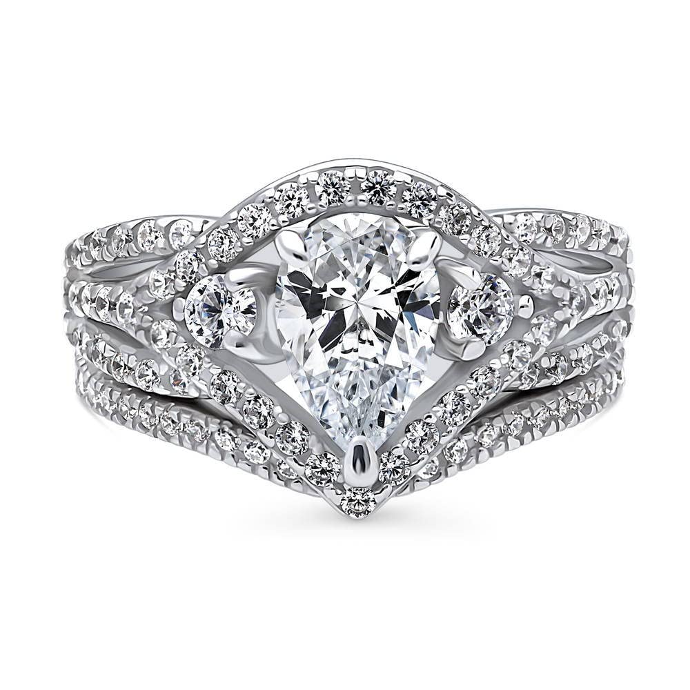 BERRICLE Sterling Silver 3-Stone Wedding Engagement Rings Pear Cut Cubic Zirconia CZ Woven Ring Set for Women, Rhodium Plated Size 9.5