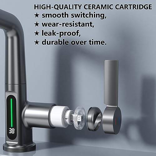 BARROCK Waterfall Bathroom Faucets with Pull Down Sprayer, Modern Pull Out Bathroom Sink Faucet with Digital Temperature Display, Height Adjustable Basin Mixer Tap No Battery Needed, Gun Grey