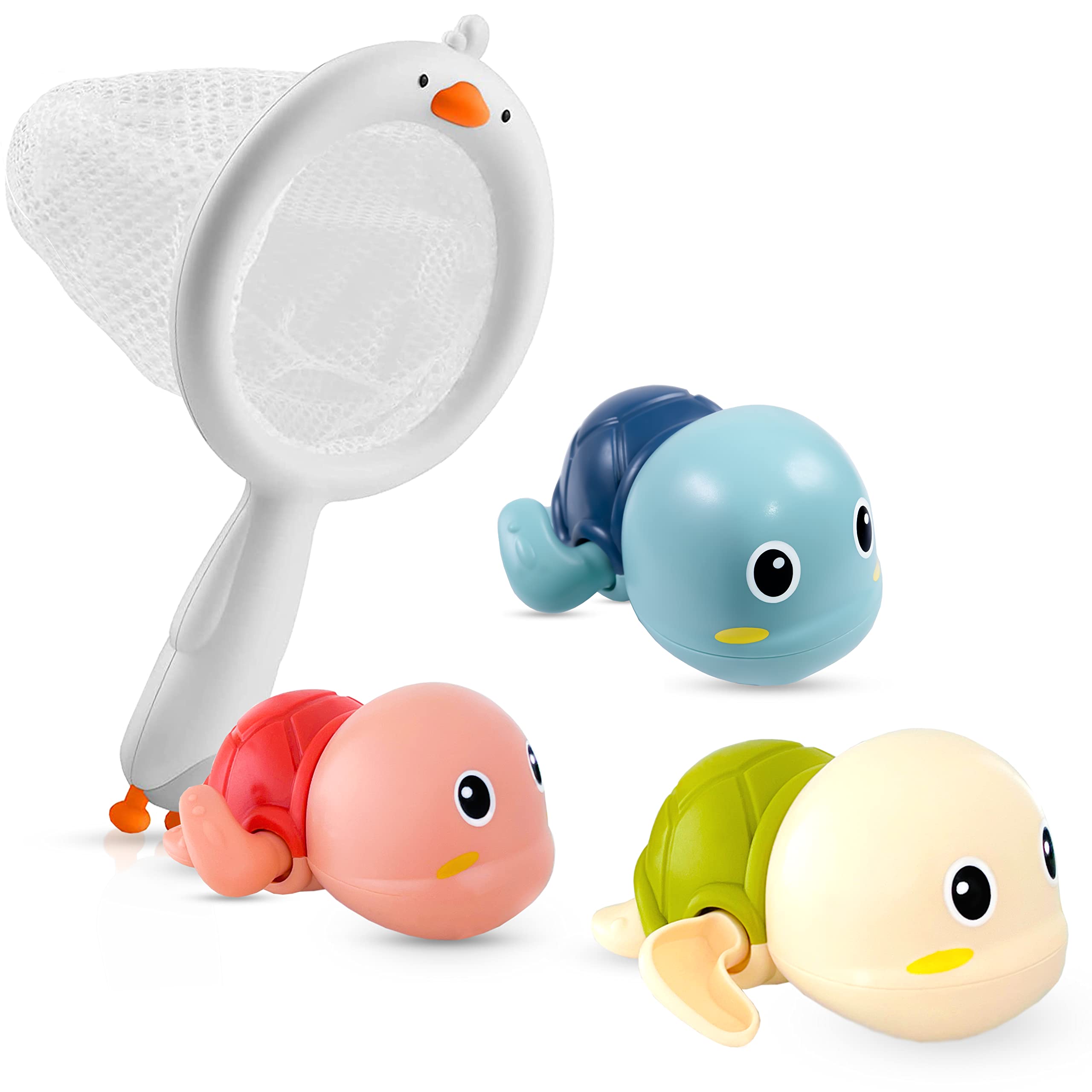 MARPPY Toddler Bath Toys, 3 Swimming Bath Toys Turtles and 1 Fishing Net, Wind - Up Bath Toy, Bathtub Toys and Pool Toys for Toddlers Kids, Boys and Girls, Age 2 3 4 5 Year Old