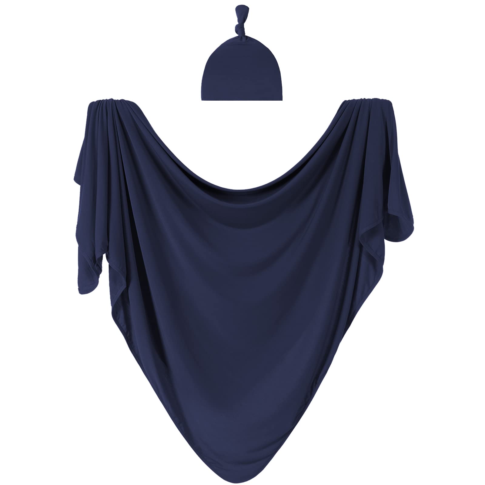 Bayceen Large Jersey Knitted Swaddle Blanket for Baby, Soft Stretchy Receiving Blanket for Newborns with Hat, Large 47 x 47 inches (Navy)