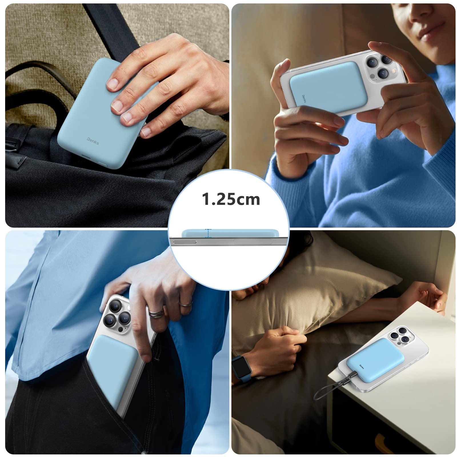 BENKS Magnetic Wireless Power Bank Compatible with Magsafe, 5000 mAh Wireless Portable Charger for iPhone 14, iPhone 13, iPhone 12 Series, Ultra-Thin Mag-Safe Battery Pack with USB-C Cable, Black