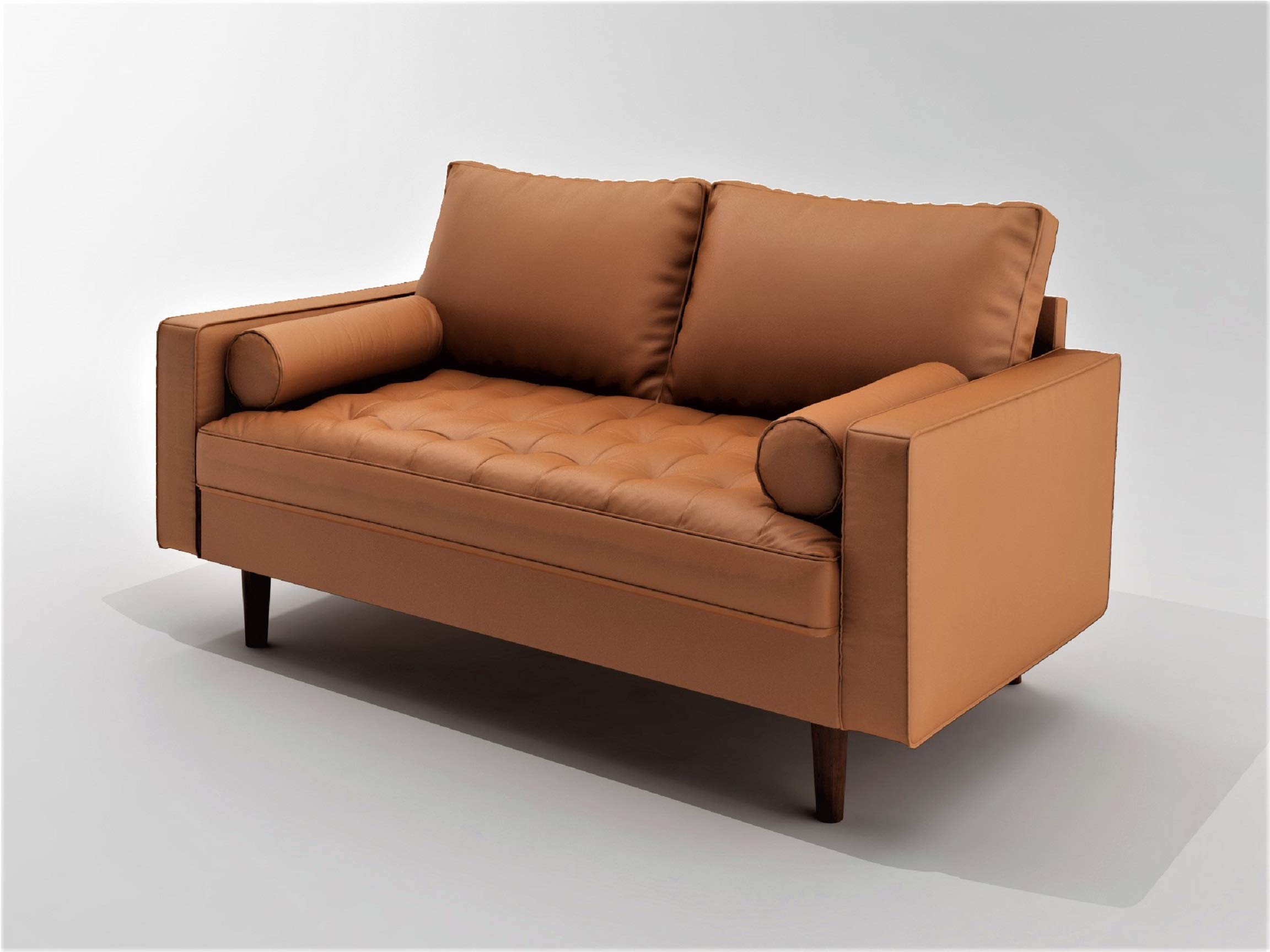 Container Furniture Direct Womble Mid Century Modern Couch with Bolster Pillows, PU Leather Upholstered Tufted Seat, Versatile Retro Design for Comfortable Living Spaces, Loveseat, Coffee Brown