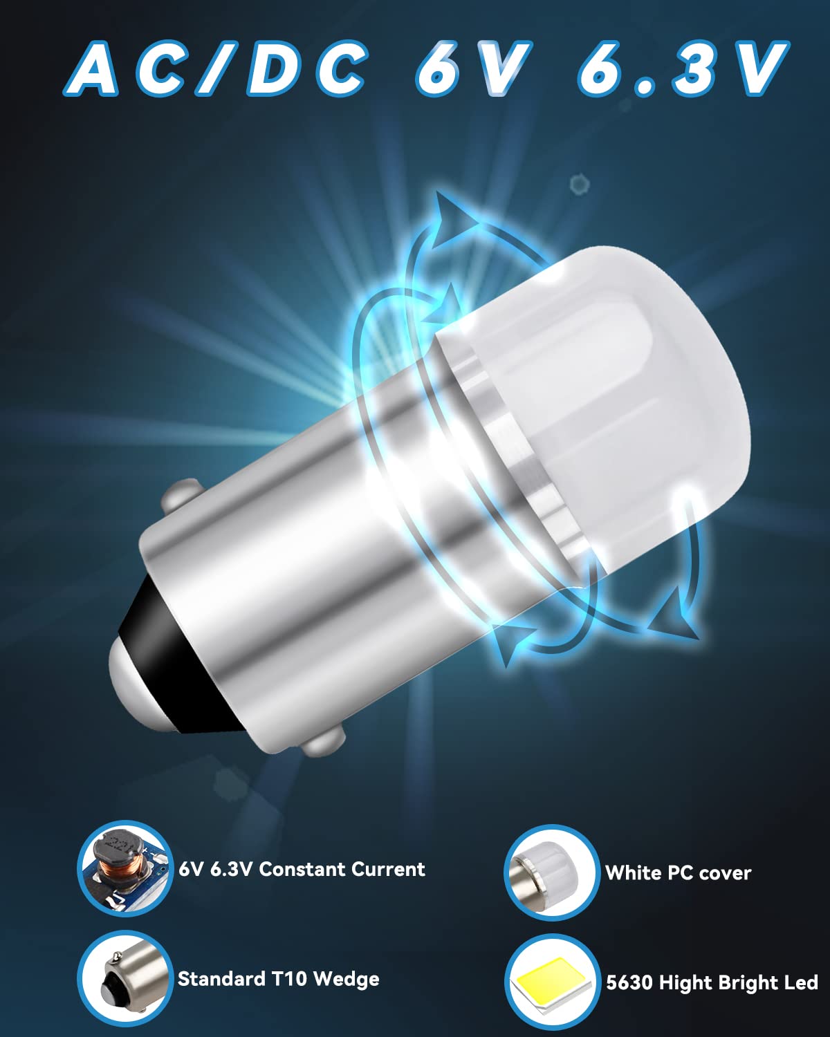 Keiurot 755 Bulb Ge44 47 Bulb 756 1893 1895 1847 BA9S Led Bulb DC AC 6.3V 6V for Pinball Led Bulbs Pinball Machine Light Bulb Lamp White Pack of 10