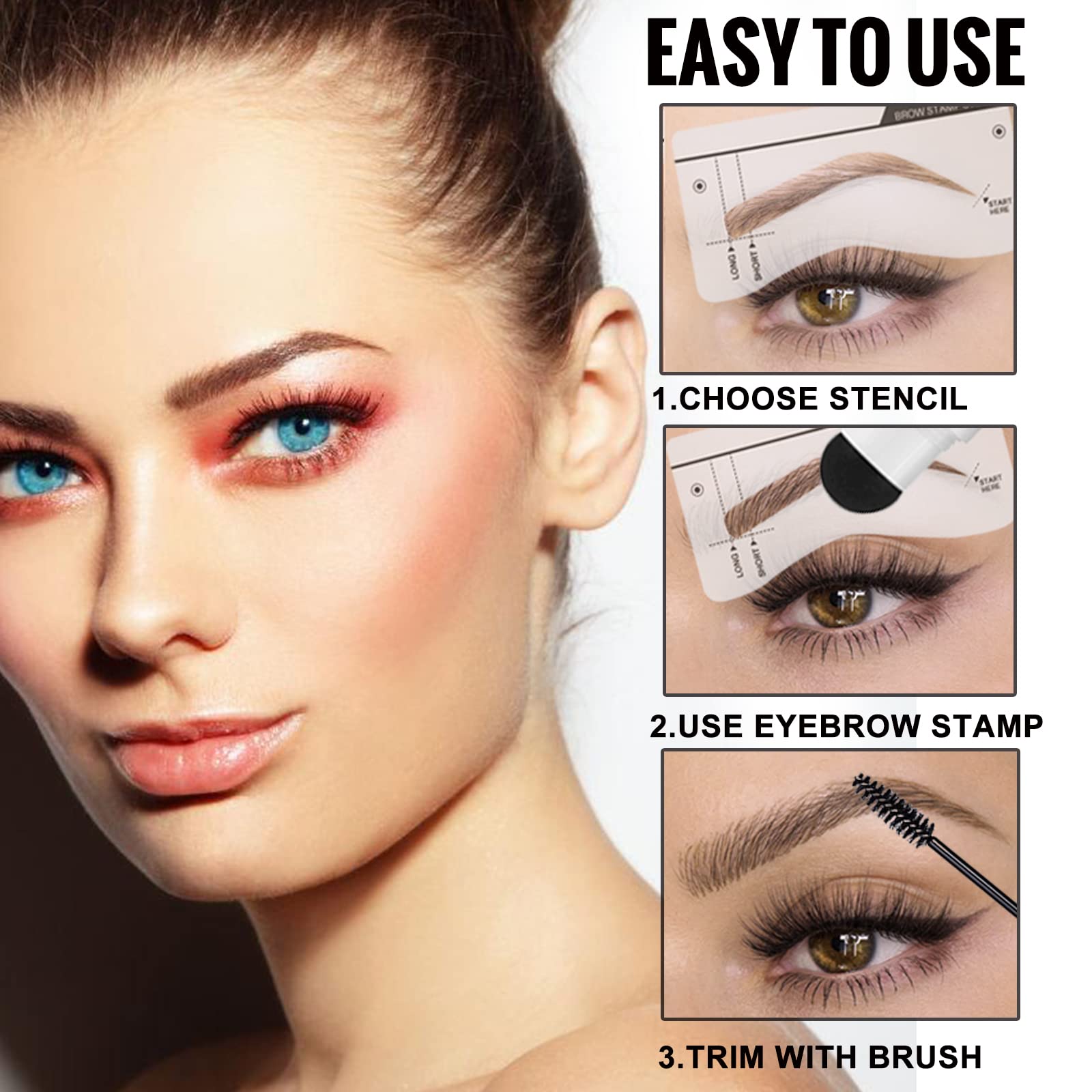 Eyebrow Stamp Stencil Kit- Eyebrow Stamp Pomade Waterproof with 2 pairs Thin Stencils 3 pairs Thick Stencils (Dark Brown)