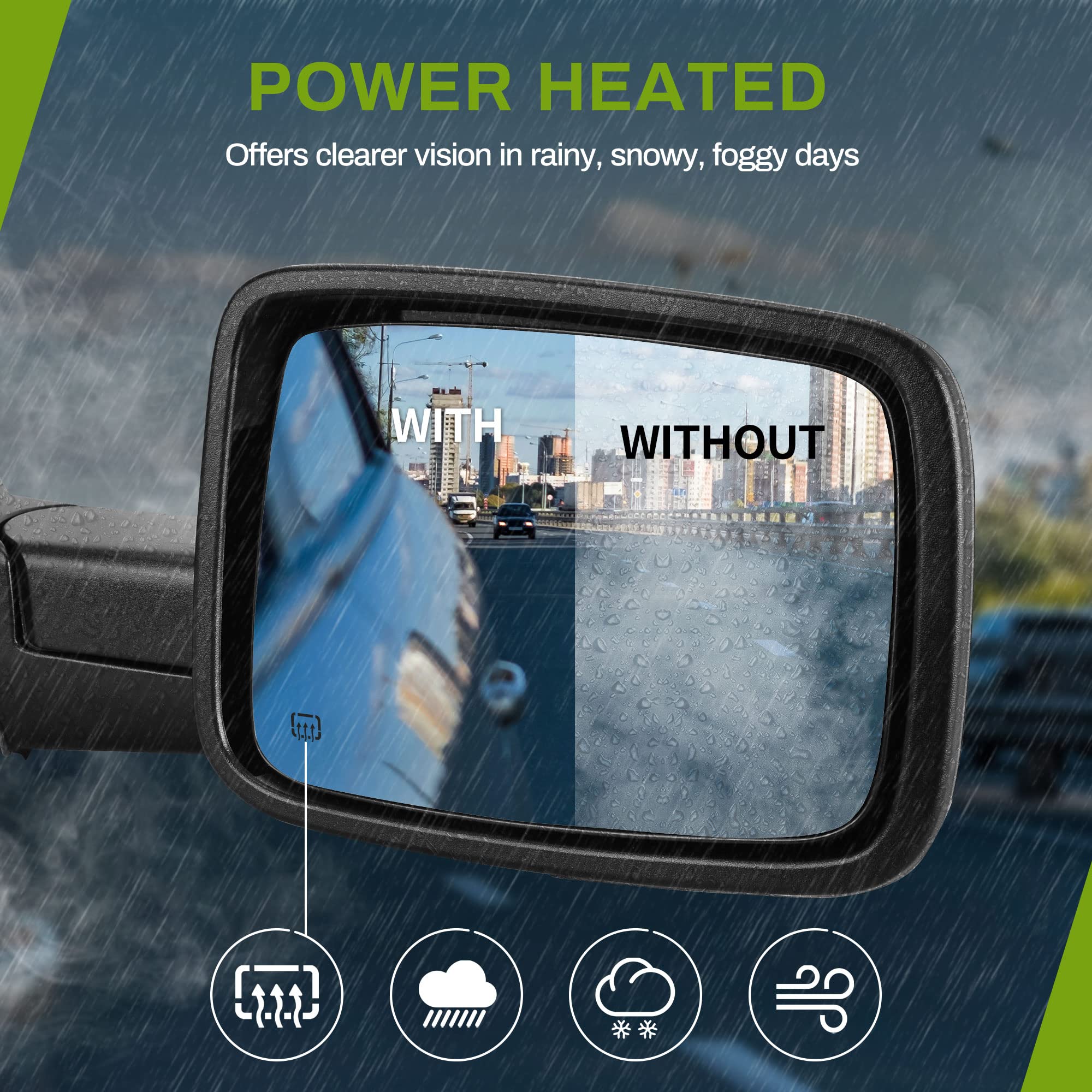 AUTOSAVER88 Towing Mirror Compatible with Dodge Ram 2009-2018 Full Size Right and Left Side Power Heated Non-Towing W/Signal and Puddle Light Folding Wing Mirror
