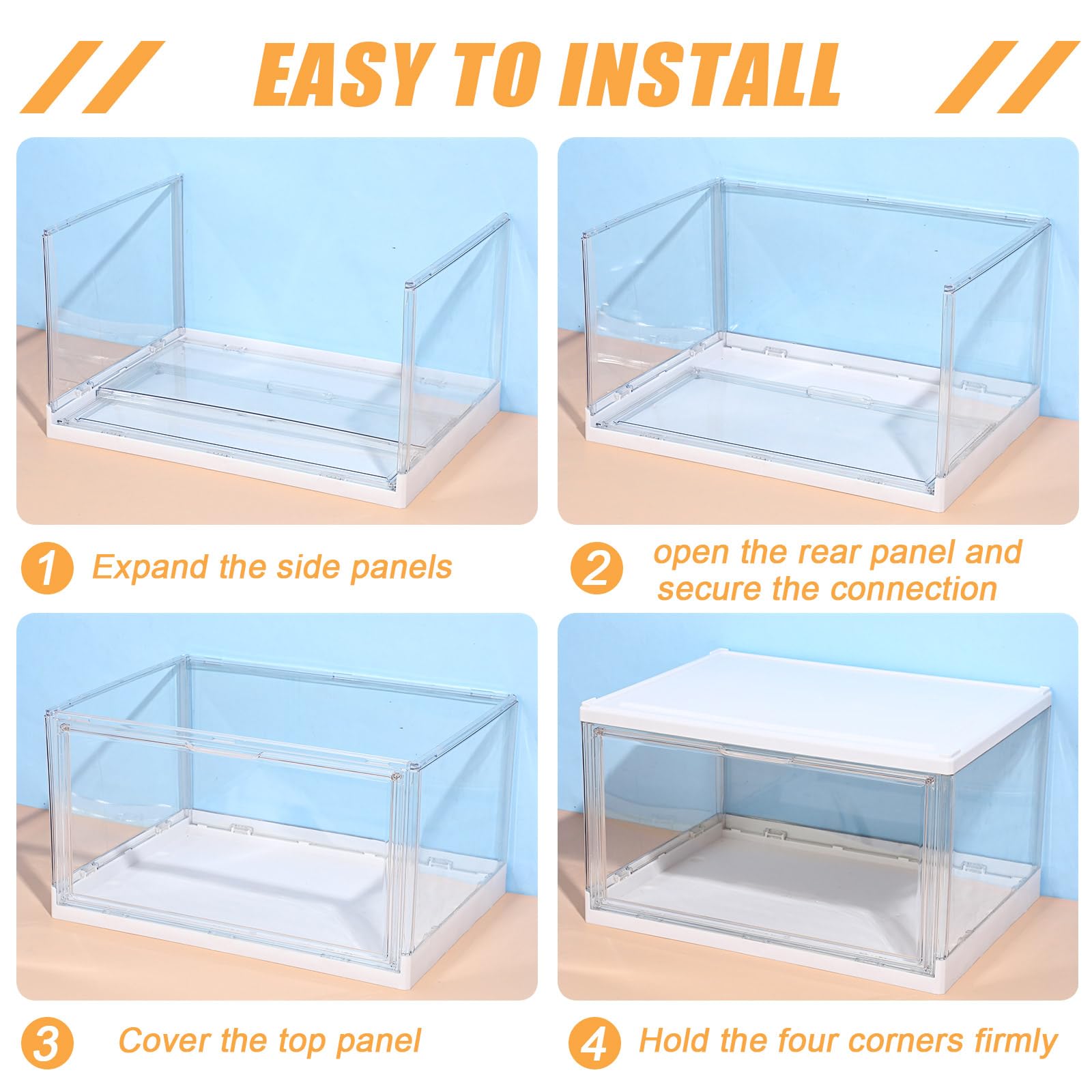CroBlissful 3 Pcs 15 x 11 x 8.8 Inches Clear Stackable Storage Bins with Lids Collapsible Plastic Closet Organizer Foldable Closet Containers for Office Garage Clothes Living Room Bedroom