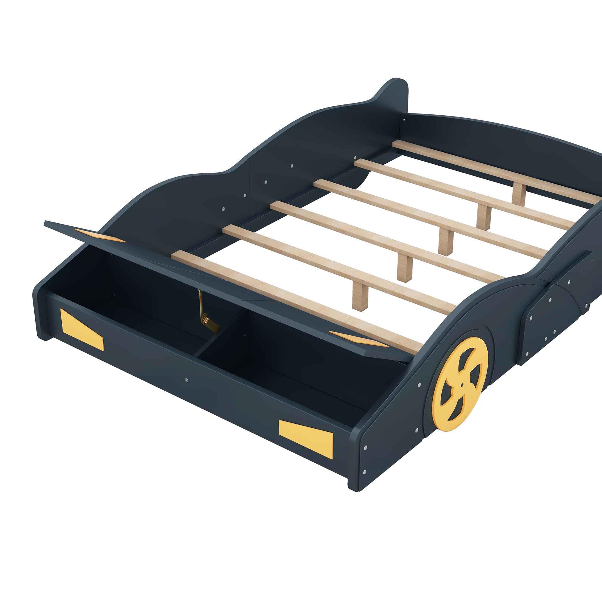 ATY Full Size Platform Bed with Storage, Race Car-Shaped Bedframe w/Wheels Design, Funny for Kids, Toddlers, 90.6" L x 55.3" W x 15.7" H, No Spring Needed, Dark blue