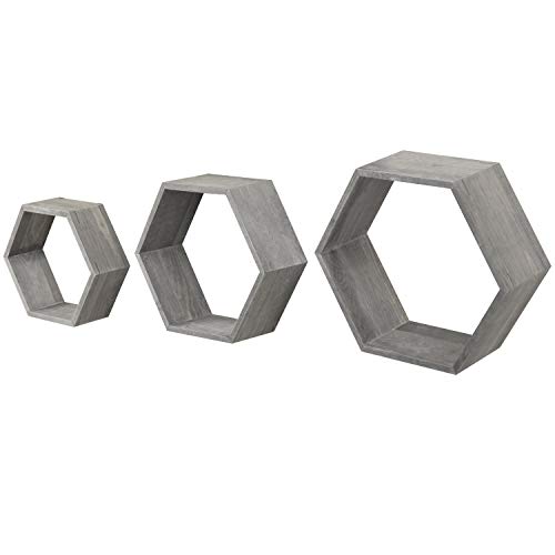 MyGift Rustic Gray Wood Hanging Shadow Boxes Display Case Wall Shelves with Hexagonal Shape, Set of 3