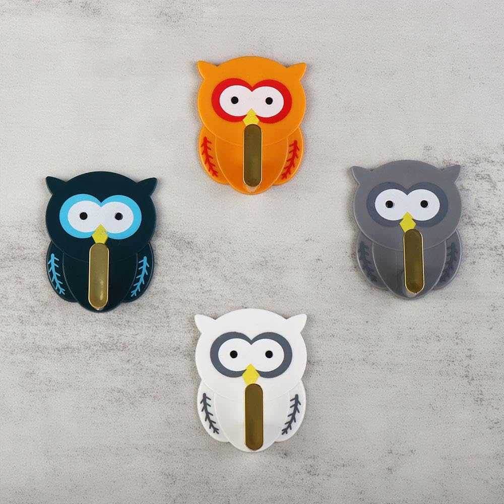 Pokinge 8pcs Cute Coat Hooks Wall Storage Sticky Hook Hanging Multi-Function Self Adhesive Owl Hook Storage Accessories for Kitchen Kids Bedroom Bathroom