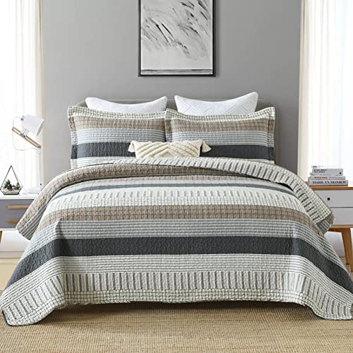PANGUSHAN 100% Cotton Quilt Set Queen Size, Patchwork Queen Quilt Bedding Set Bedspreads, Farmhouse Lightweight Comforter Reversible Quilt, White/Brown/Grey Bed Spread for All Season, 3 Pieces