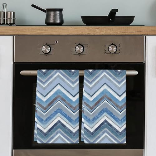 Beisseid Kitchen Dish Towels Blue Chevron Dish Cloth Fingertip Hand Towels Geometric Design Stripe Blue Gray Super Absorbent Soft Cotton Tea Towel 3 PCS