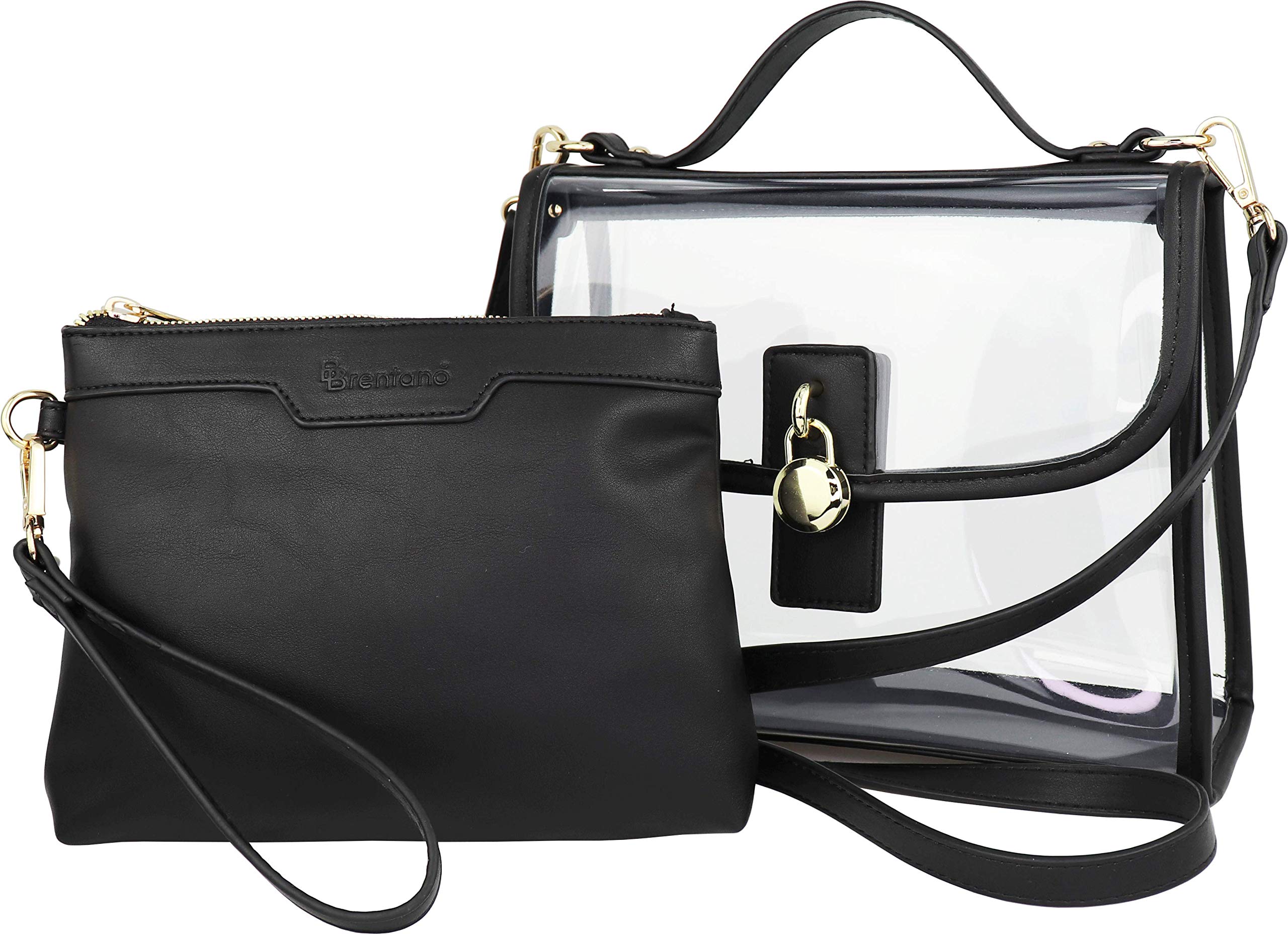 B BRENTANO Clear Top Handle Satchel Crossbody Bag with Removable Wristlet Pouch (Policy-Compliant Stadium Bag) (Black)