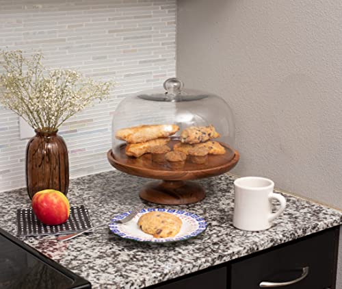 BIRDROCK HOME Cake Stand with Glass Dome and Wood Base - Wood Iron Dessert Serving Tray - Rustic Farmhouse Dessert Stand - Modern Party Oversized Server - Table Kitchen Home Display - Round