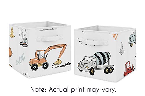 Sweet Jojo Designs Construction Truck Foldable Fabric Storage Cube Bins Boxes Organizer Toys Kids Baby Childrens - Set of 2 - Grey Yellow Orange Red and Blue Transportation