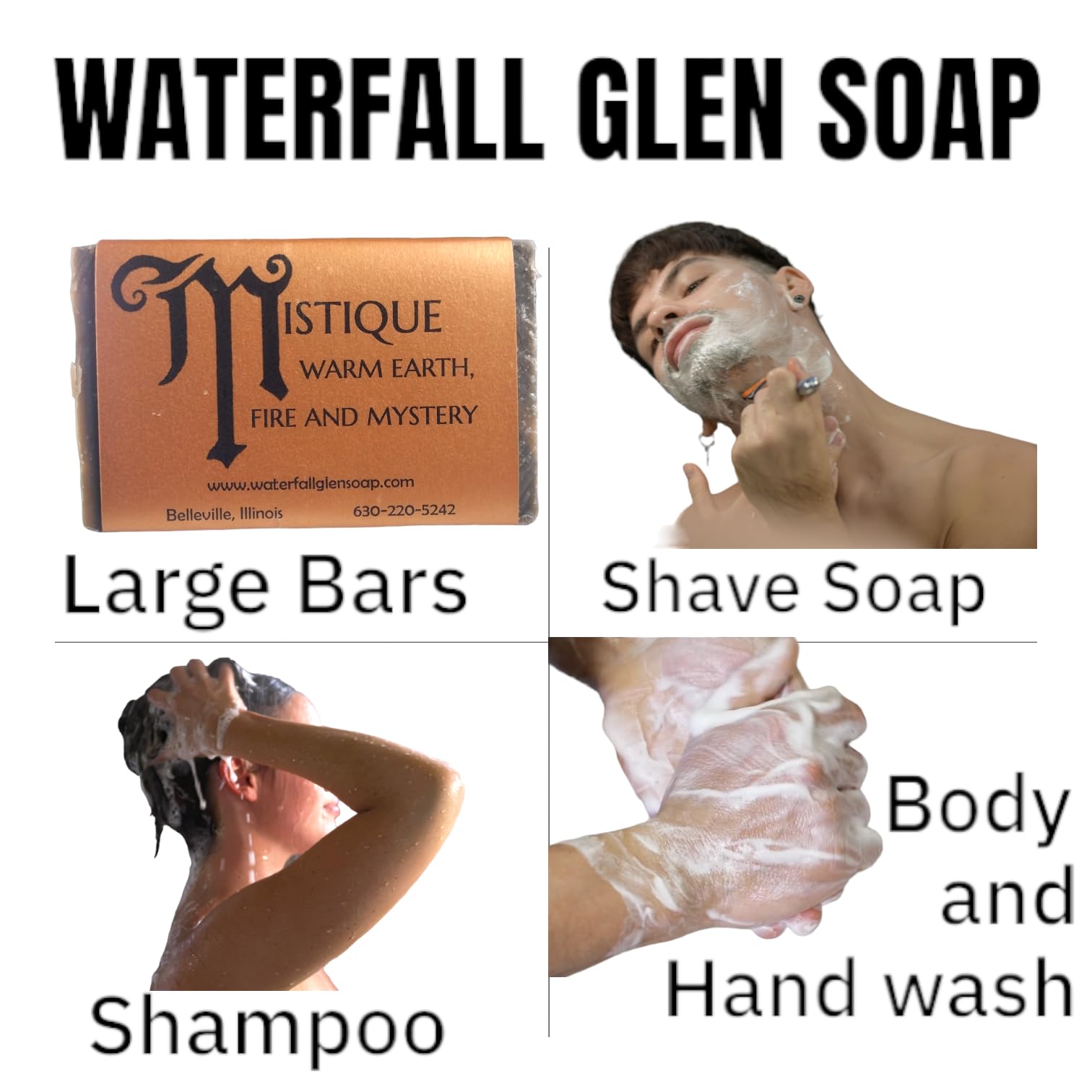 WFG WATERFALL GLEN SOAP COMPANY, LLC, Mistique, sandalwood, patchouli and spices bath soap, body soap, natural vegan soap enriched with cocoa butter