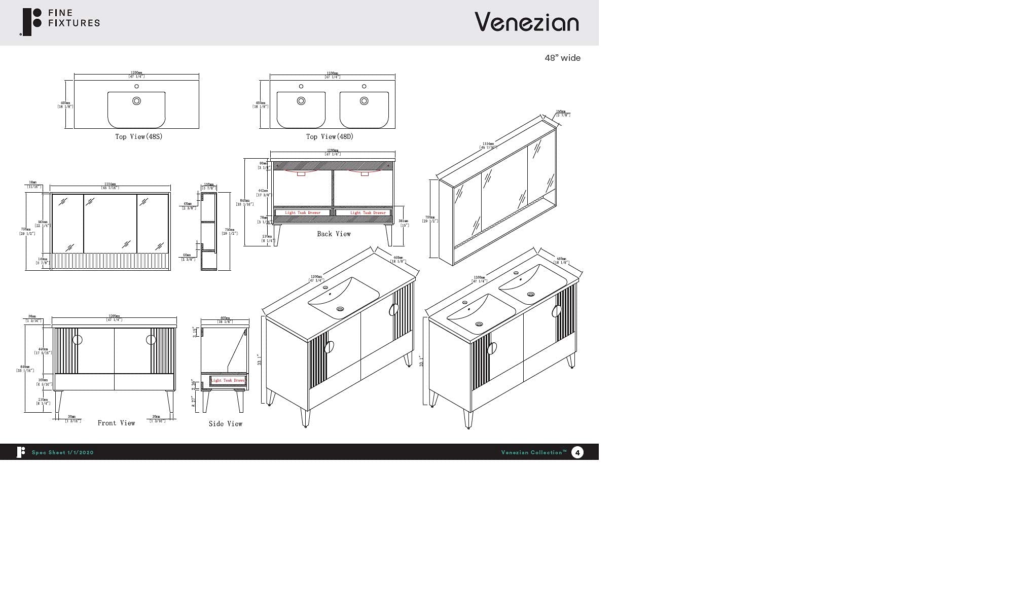 Fine Fixtures Venezian Collection - 48" Double Green Bathroom Vanity, Black Handles.