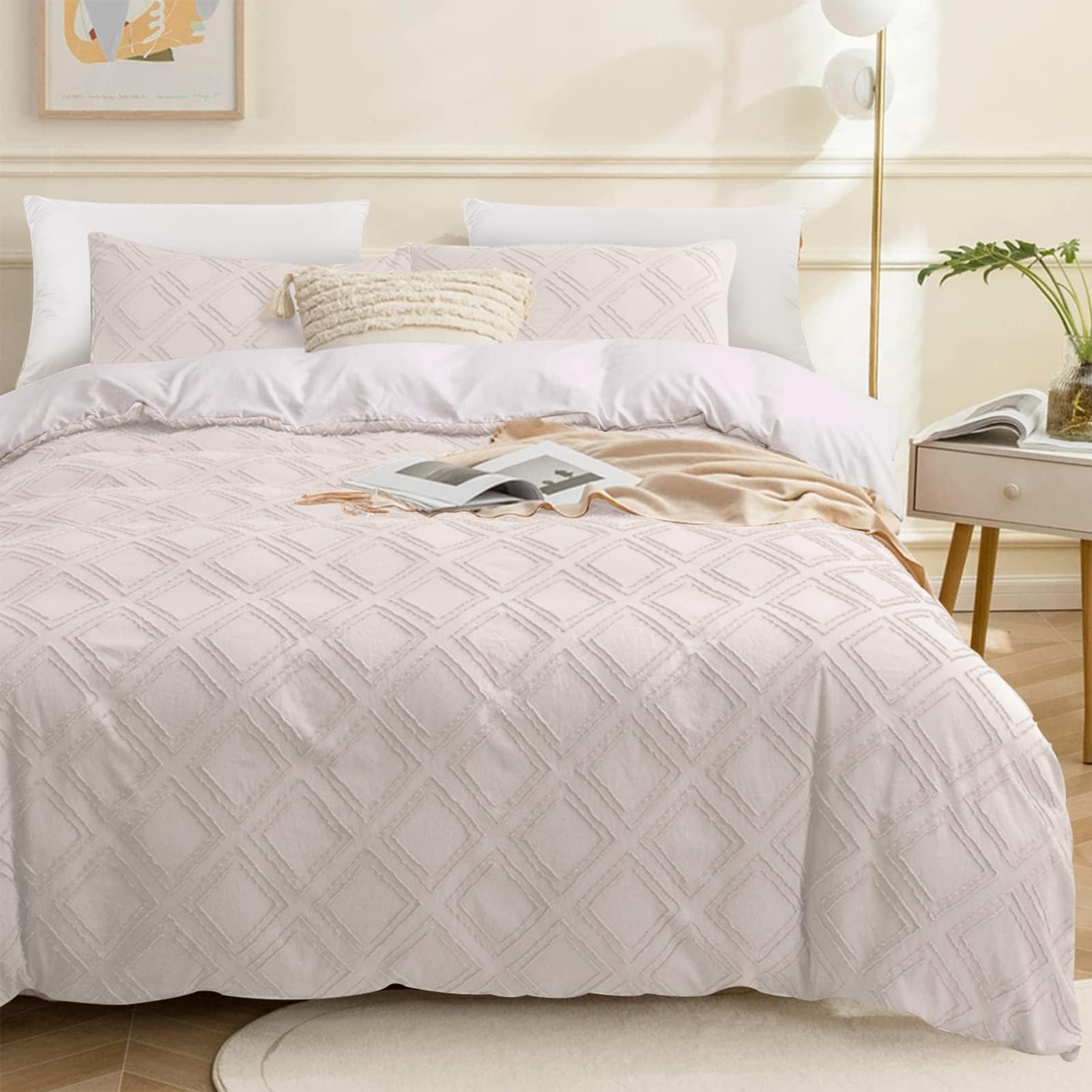 MUXHOMO Duvet Cover Queen Size - Beige Tufted Duvet Cover Set, Ultra Soft Boho Texture Bedding Set of 3 Pieces (1 Comforter Cover + 2 Pillowcases) with Double-Zipper Closure