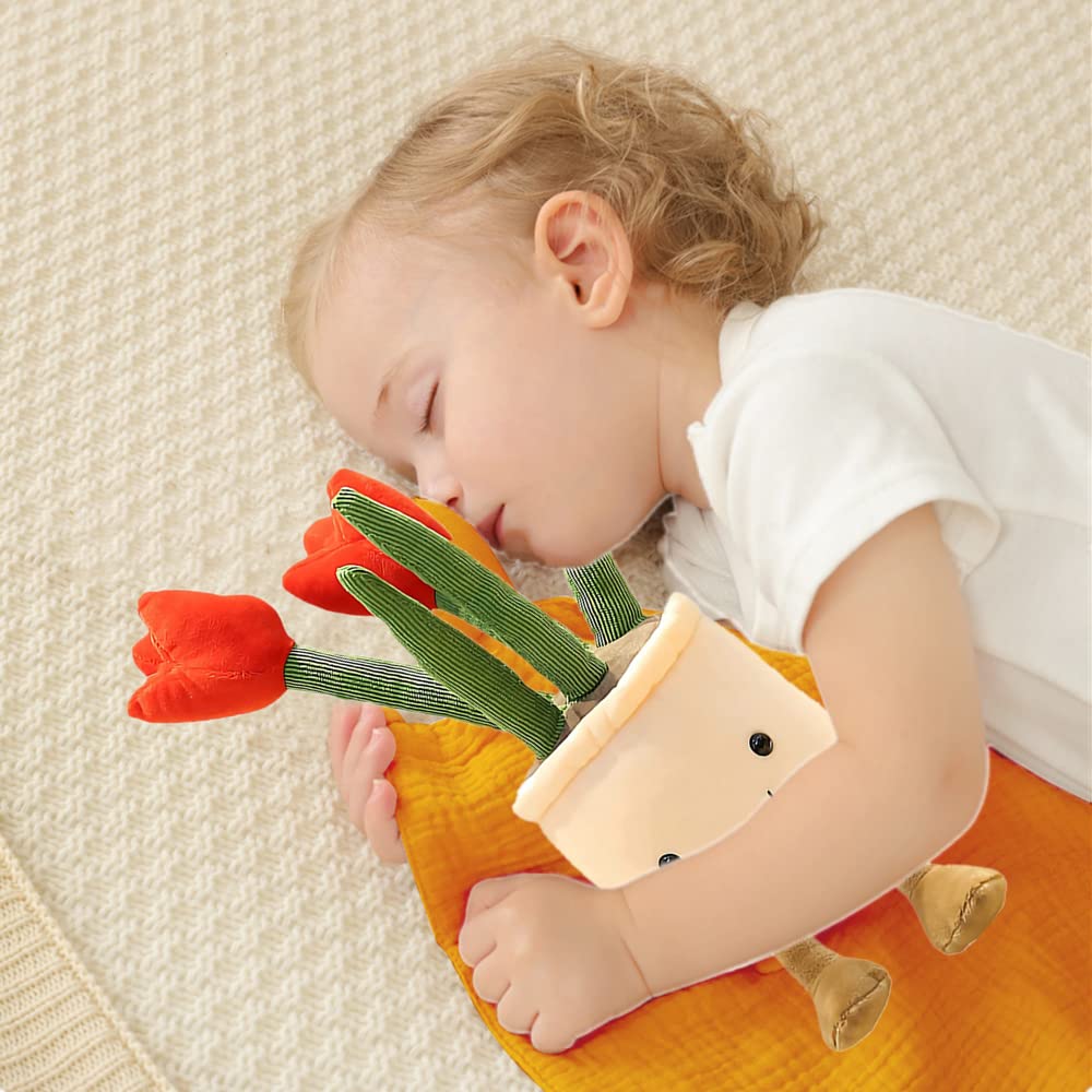 AUCOOMA Stuffed Tulip Plush Toy, Red Flower Pot Stuffed Plants Plushie Pillow Doll 13.8"