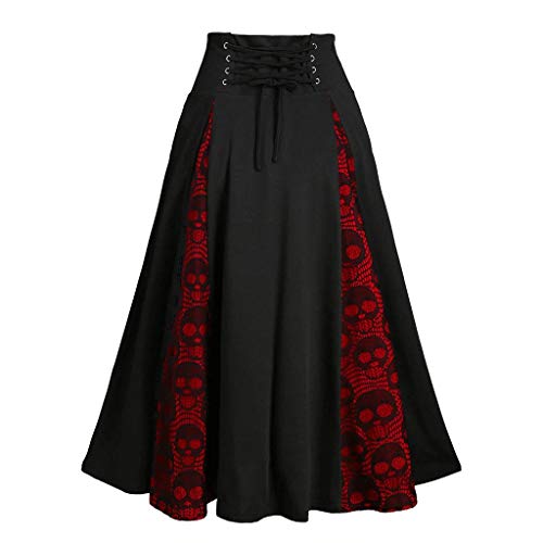 Black Denim Skirt for Women High Waisted Red Midi Waist Plus Size Pleated Gothic Lace Patchwork Long Coat