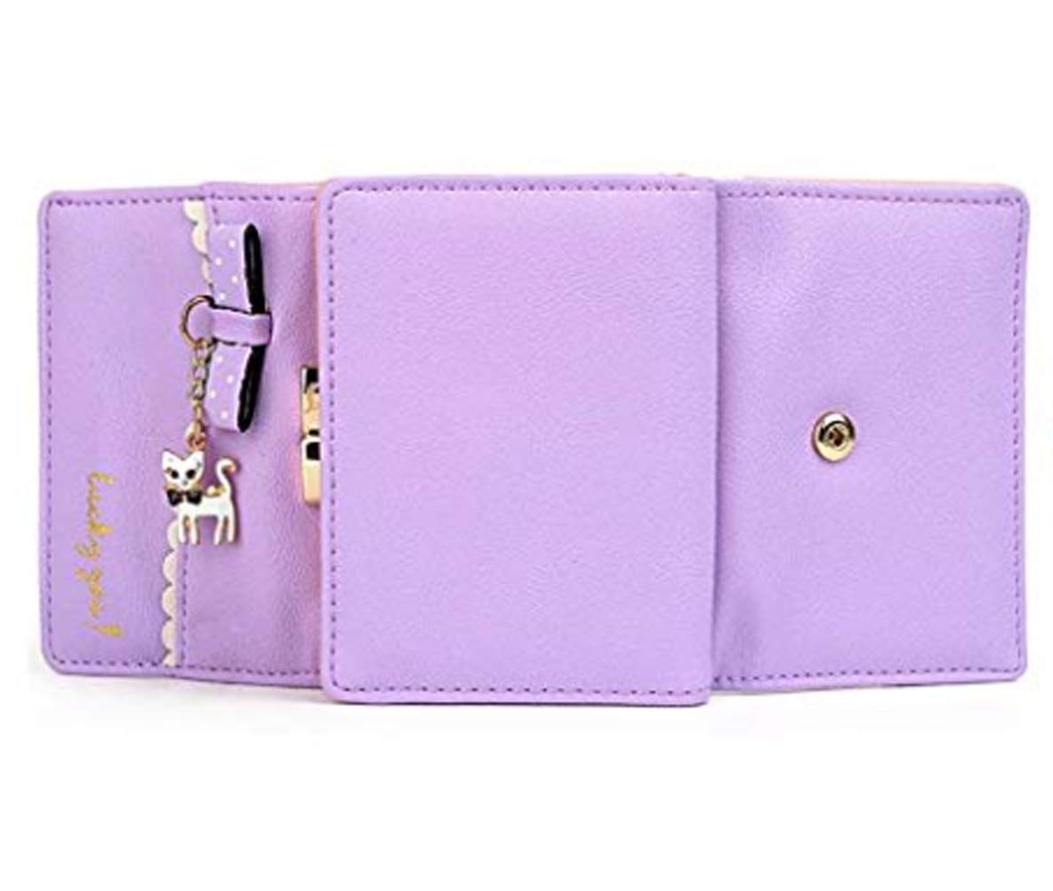 edfamily Womens Leather Cute Cat Bowknot Small Wallet Coins Purse Card Holder (Purple)