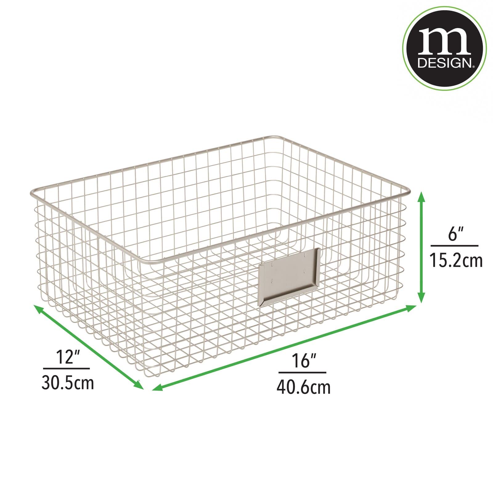 mDesign Wide Steel Wired Storage Organizer Bin Baskets with Label Slot for Kitchen Pantry, Cabinet, Organizing Holder for Food, Drinks, Snacks, Produce, Omaha Collection, 2 Pack, Satin