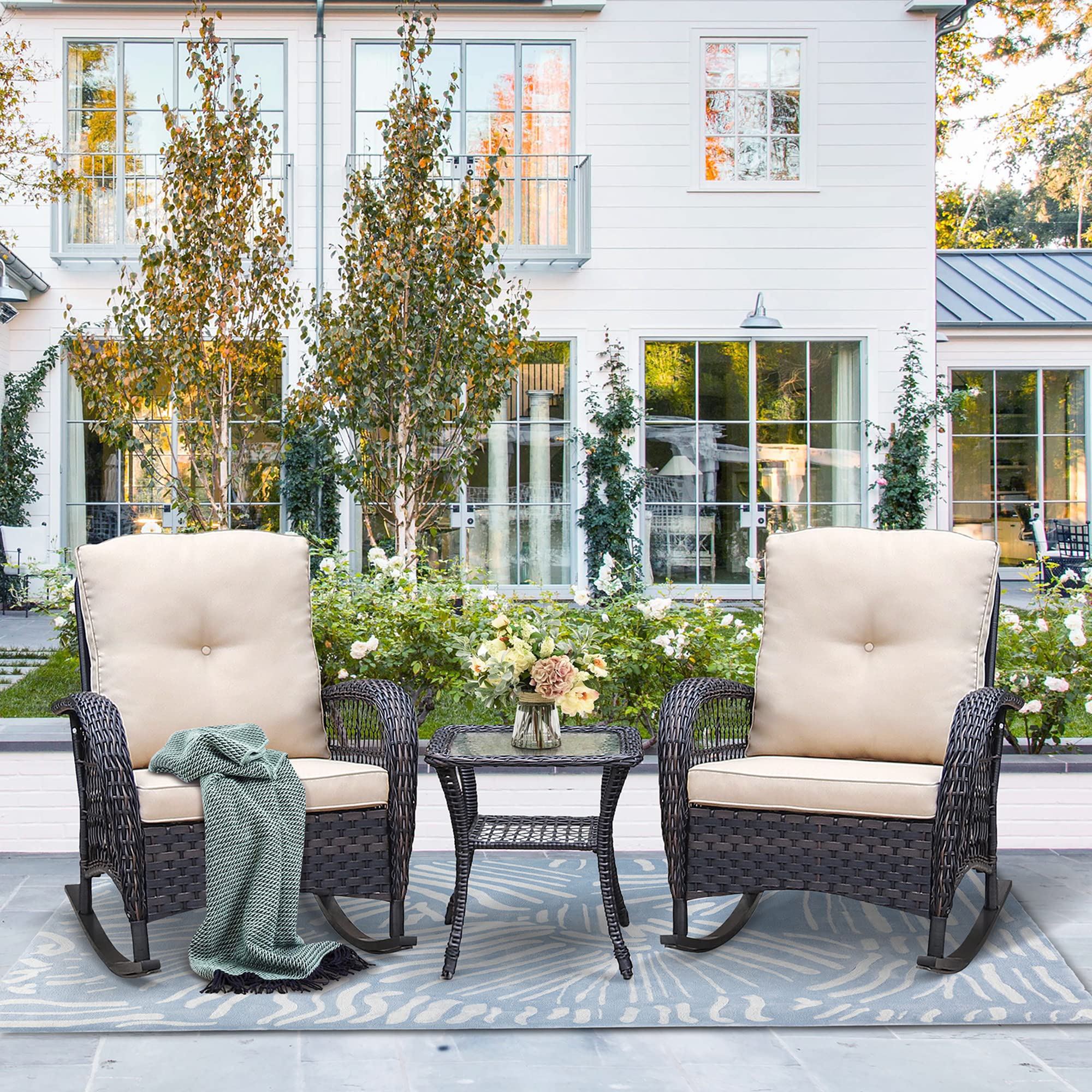 Flymatic 3 Pieces Outdoor Wicker Rocking Chair Set, Rattan Patio Rocker Chairs Set with Cushions and Glass-Top Coffee Table