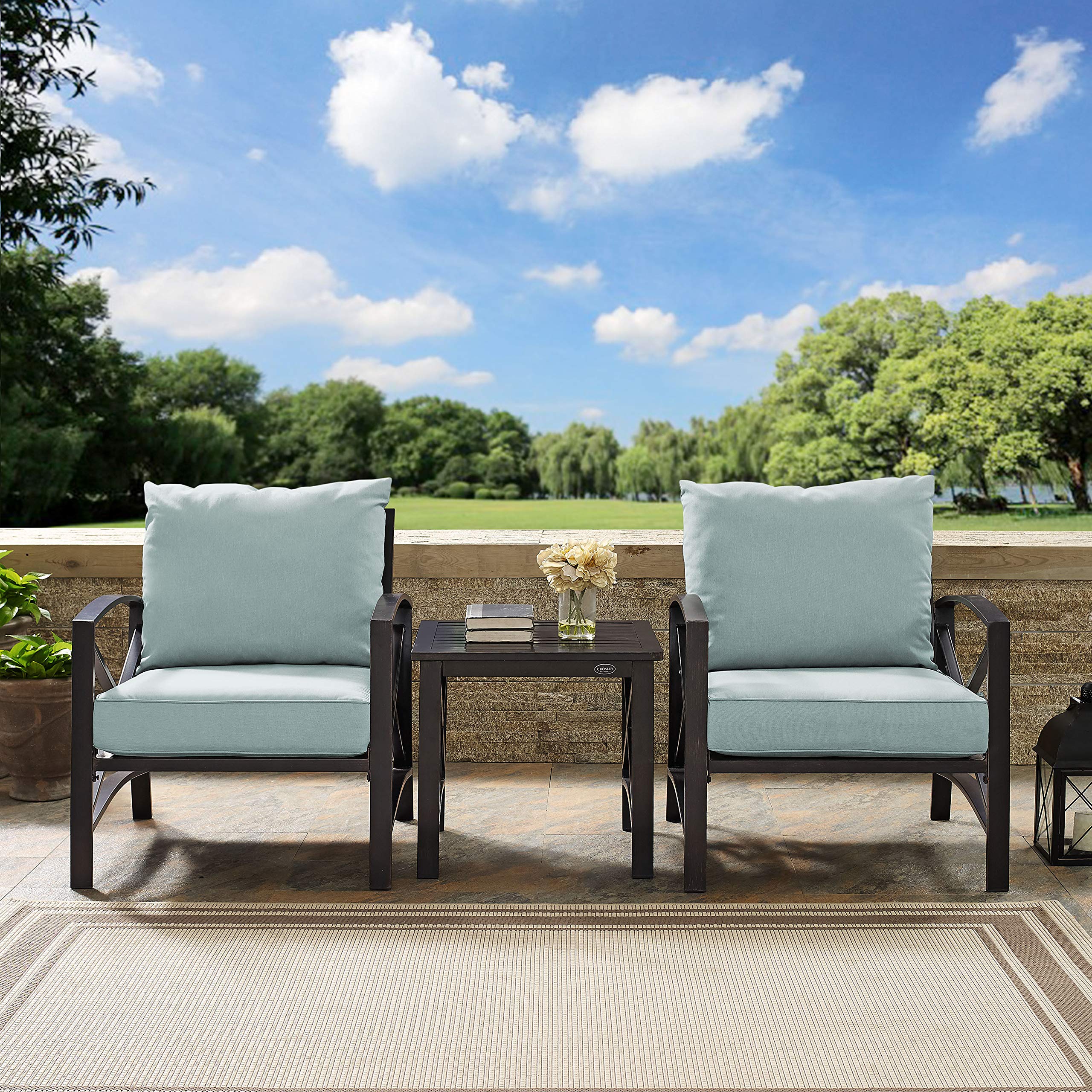 Crosley Furniture Kaplan 3-Piece Outdoor Chair and Side Table Set, Patio Conversation Sets for Porch, Deck, Oiled Bronze with Mist Cushions
