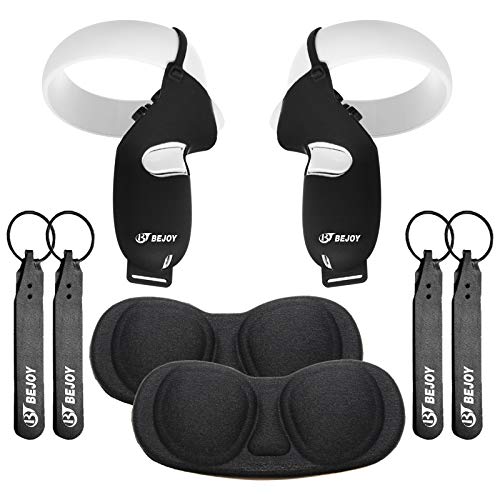 BEJOY 2021 Touch Controller Grip Cover & Knuckle Strap & Lens Protect Cover Set for Oculus Quest 2, Premium Silicone Accessories, Anti-Throw, Sweatproof, Black