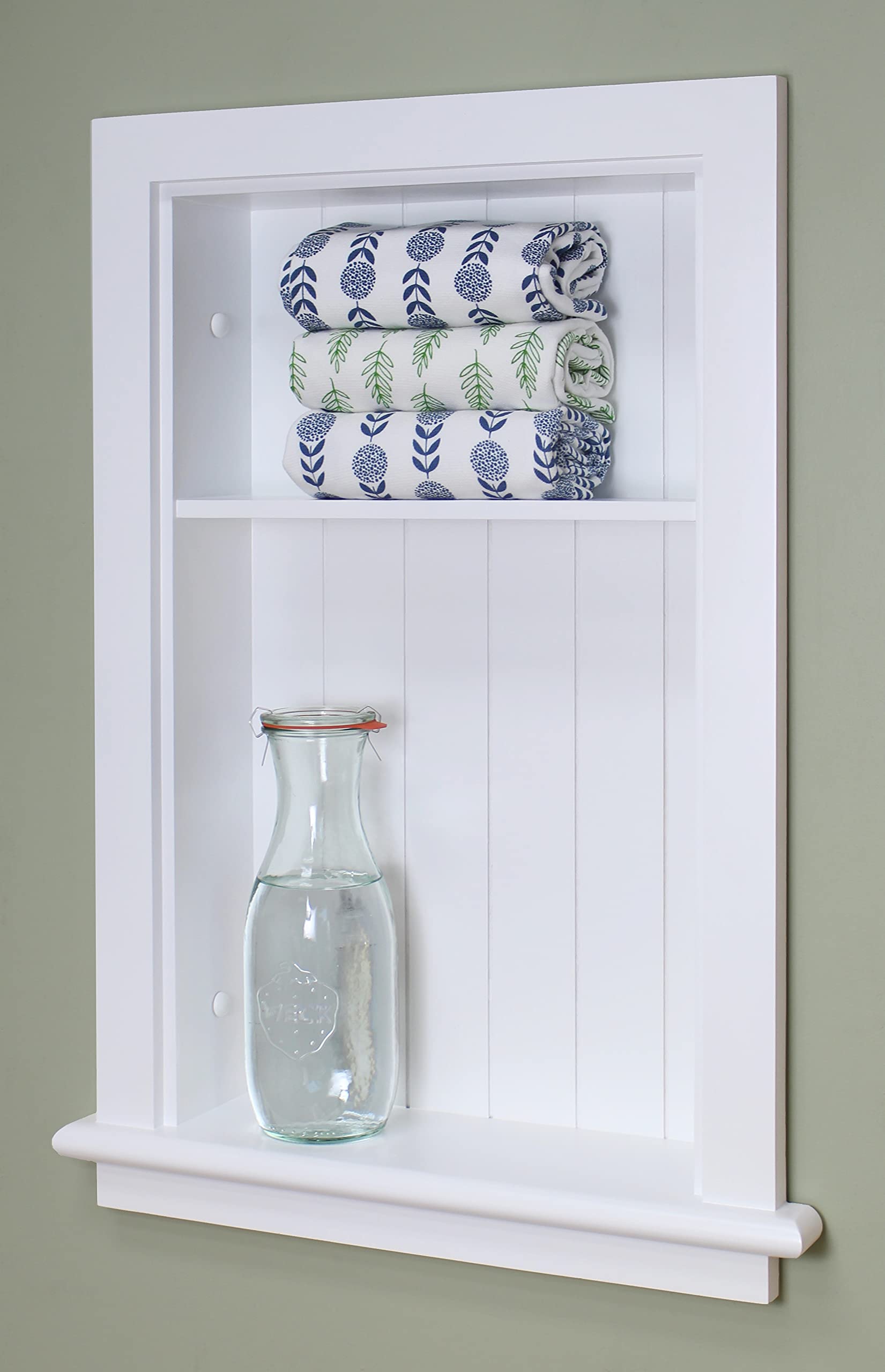 Fox Hollow Furnishings 14x24 Recessed Aiden Wall Niche - Wall Shelf for Storage and Home Decor, 1 Shelf (White W/Beadboard Back)